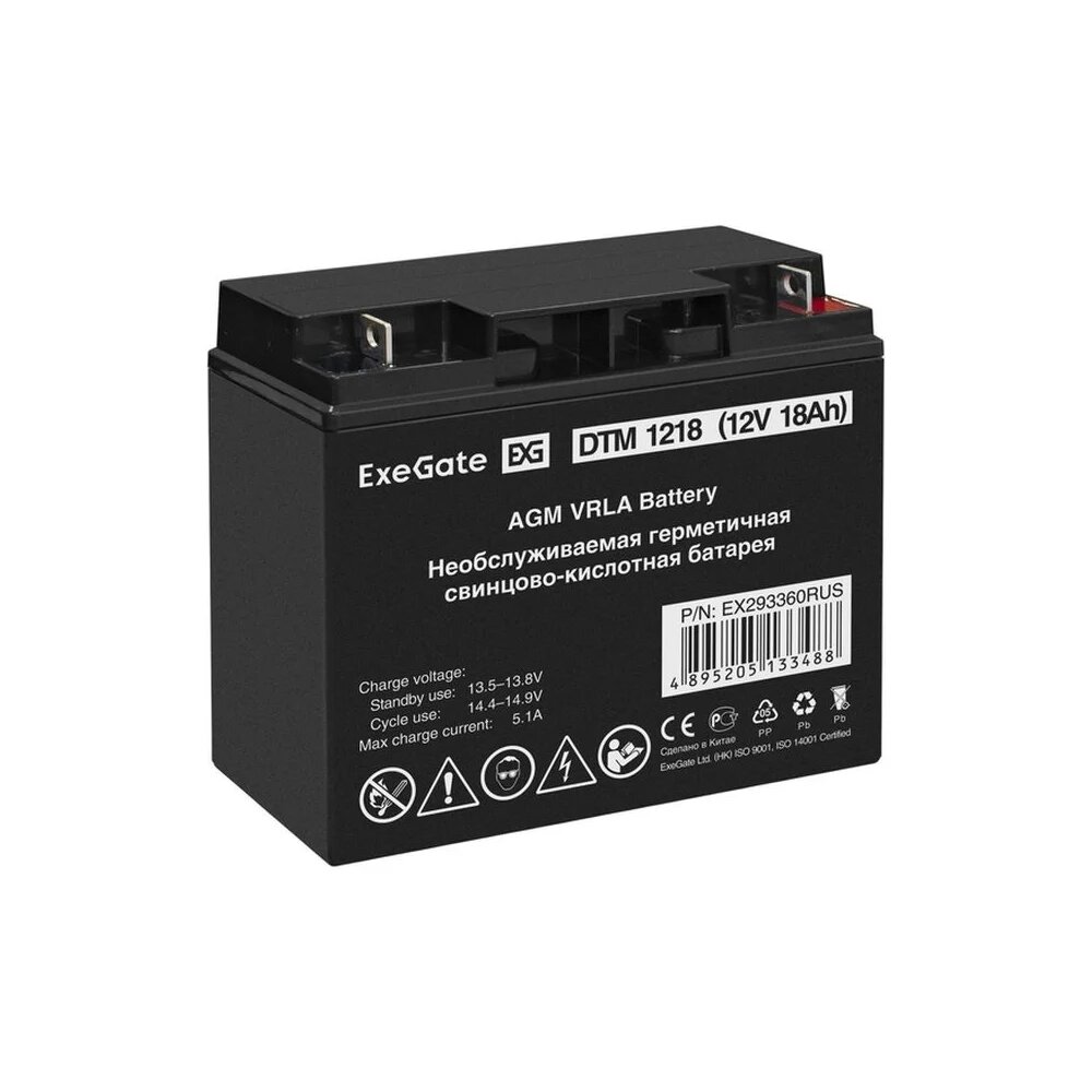 ExeGate Аккумуляторная батарея DTM 1218 12V 18Ah, клеммы F3 болт М5 с гайкой 293360