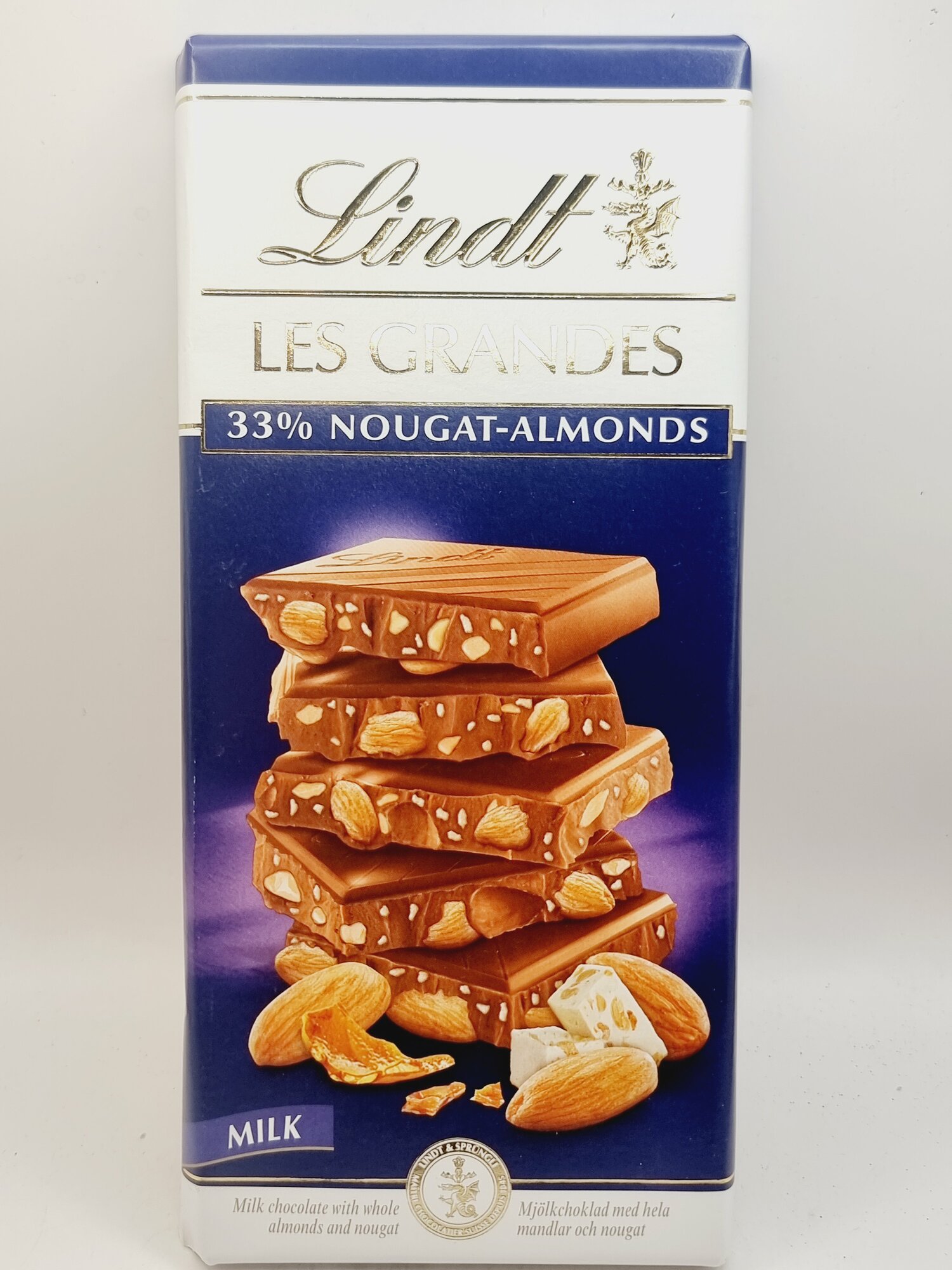 Молочный шоколад Lindt LES GRANDES Nougat-ALMONDS 33% Белая Нуга Миндаль, 150 г (Из Финляндии)