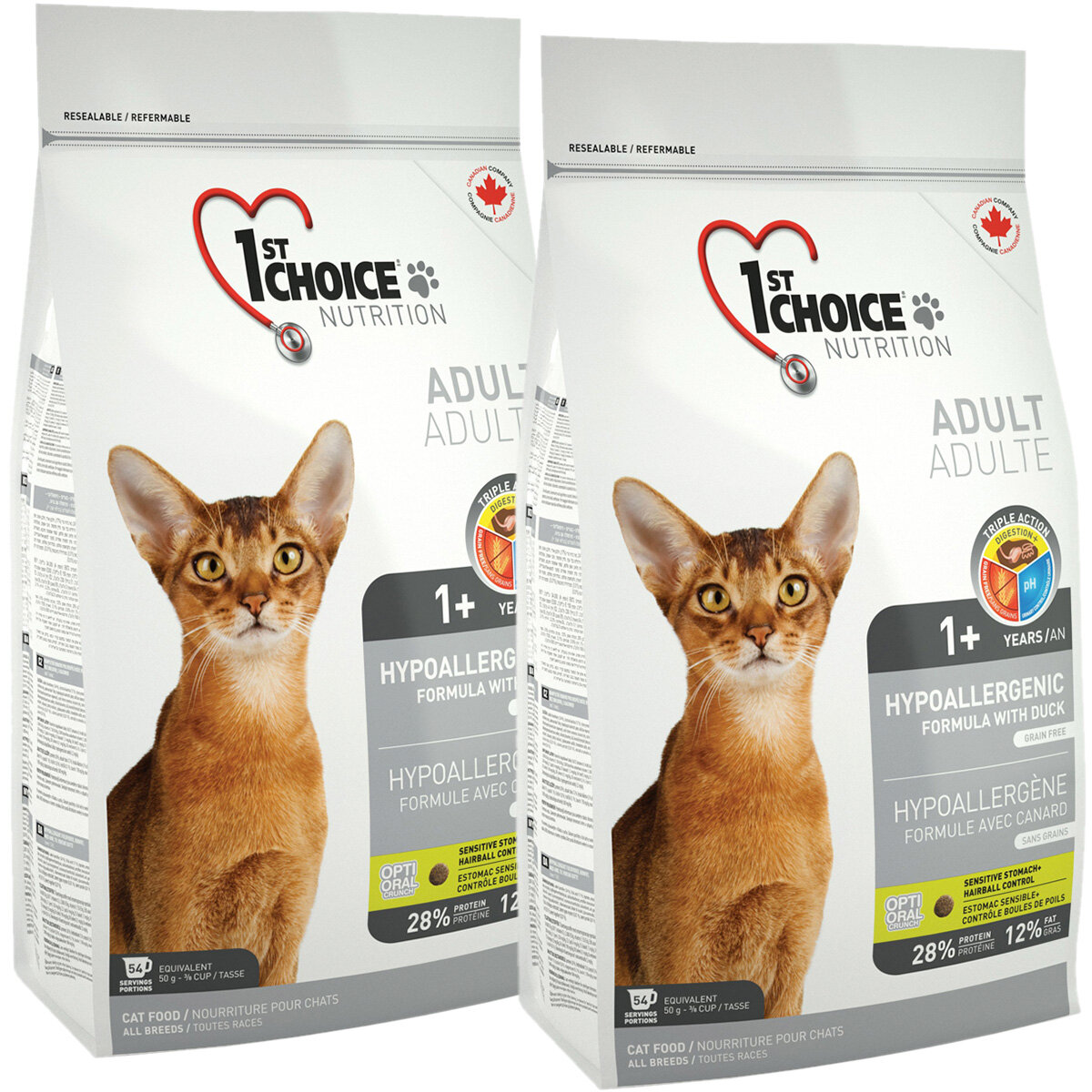 1ST CHOICE CAT ADULT HYPOALLERGENIC беззерновой для взрослых кошек при аллергии с уткой и картофелем (2,72 + 2,72 кг)