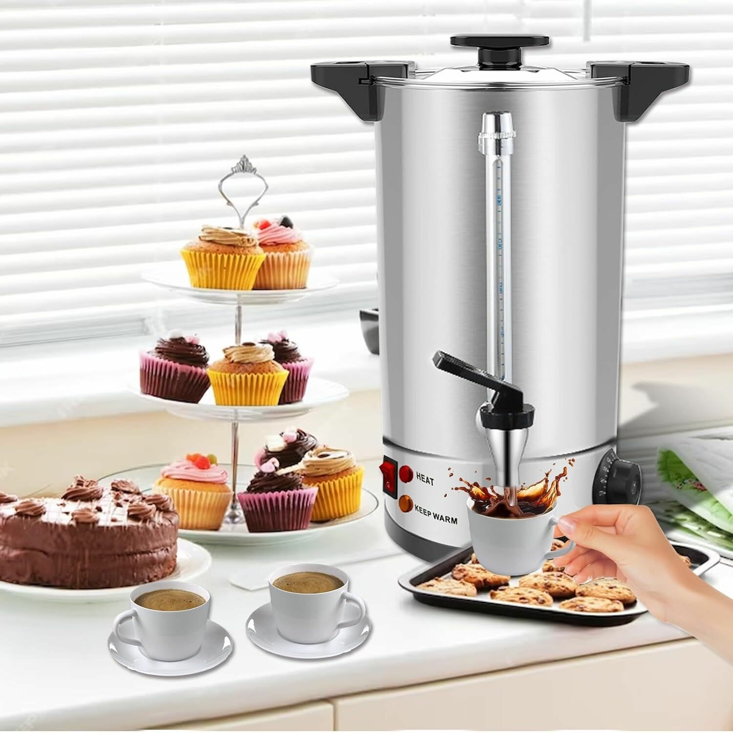 Графин из нержавеющей стали, двойная изоляция, визуальный индикатор объема кофе, многоразовый фильтр, двойной контроль нагрева - 15 л