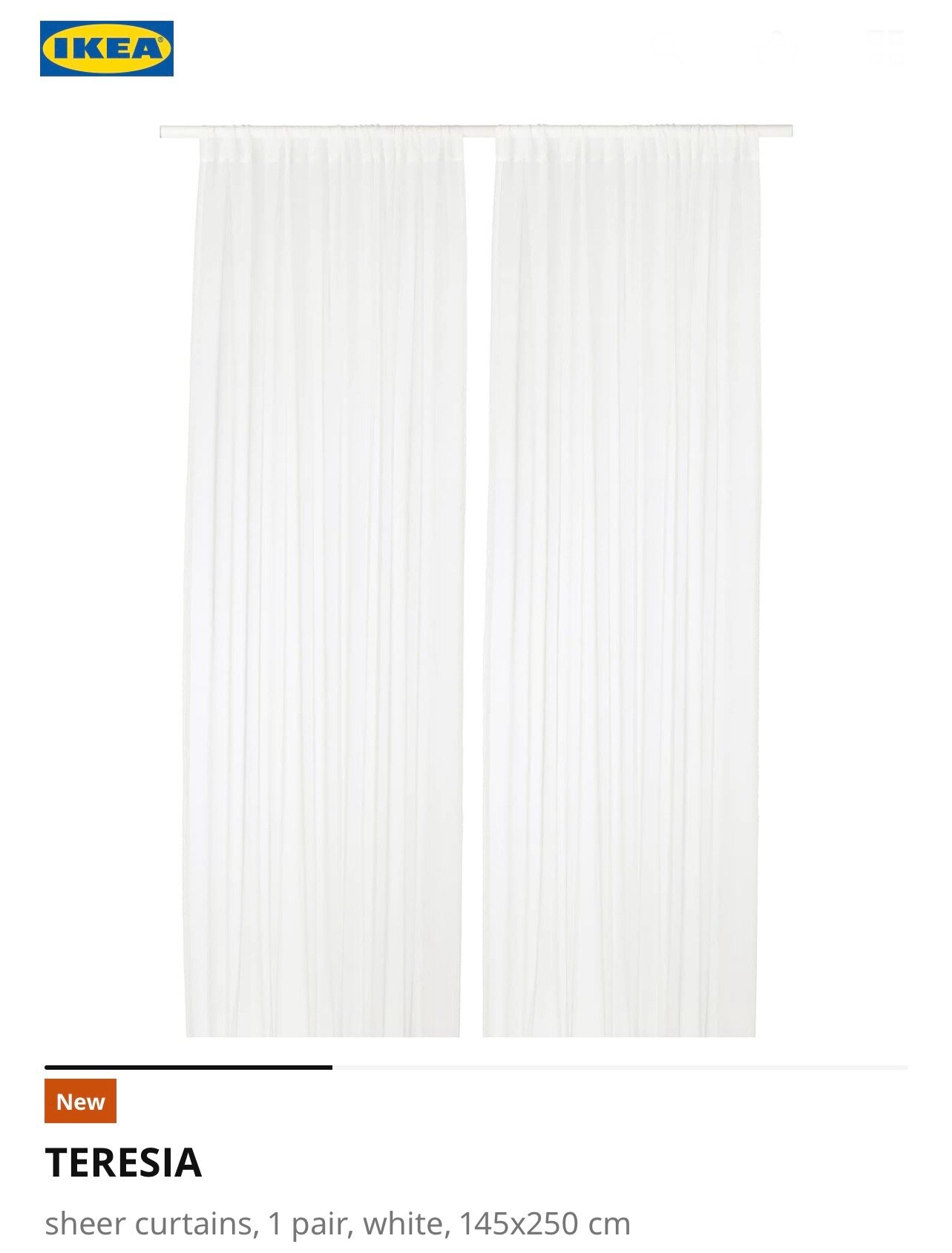 Прозрачный тюль IKEA TERESIA, 1 пара, белые, 145x250 см, полиэстер