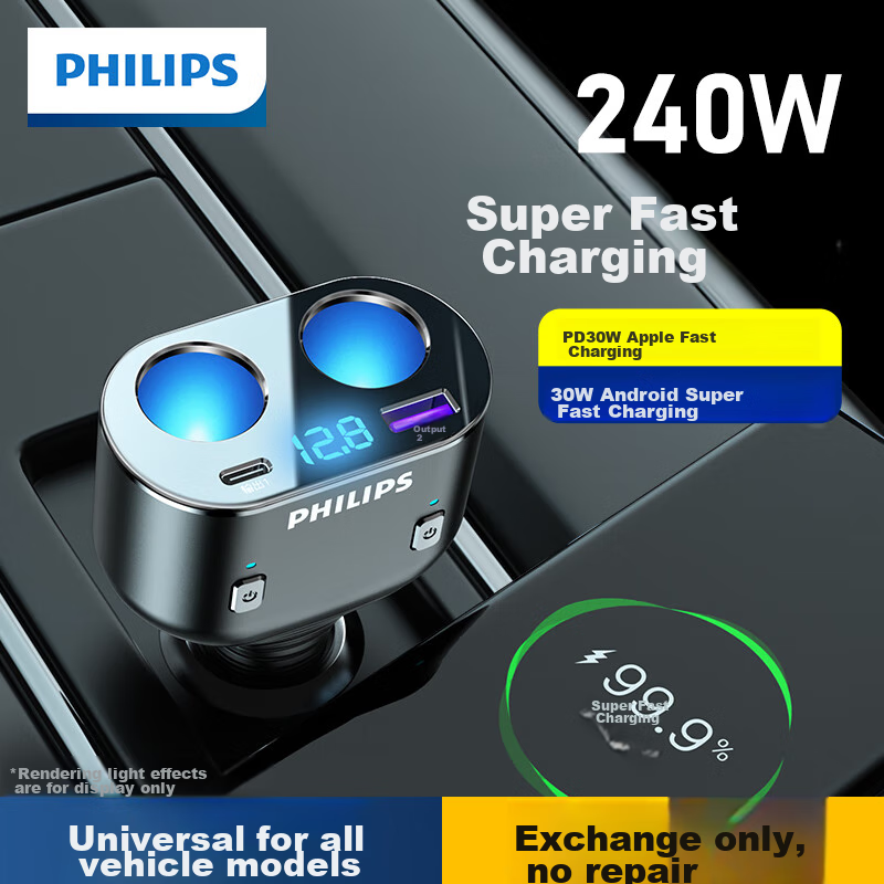 Автомобильный зарядный устройство Philips 30W PD + 30W Android с двумя портами для iPhone 16/17 и Huawei адаптер для