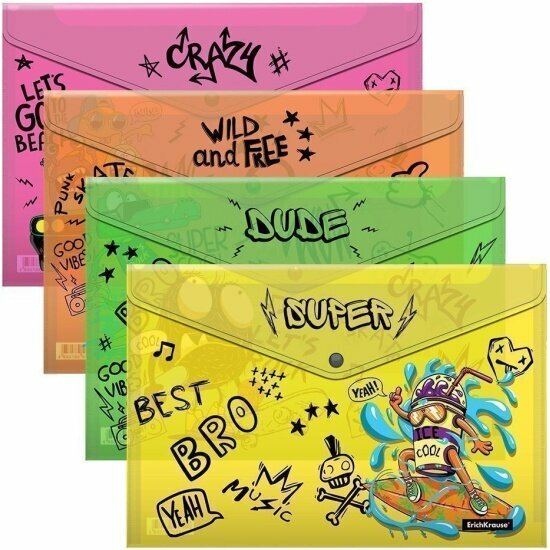 Набор пластиковых конвертов Erich Krause ErichKrause Funny Monsters А4 на кнопке непрозрач. пластик 160 мкм дизайн