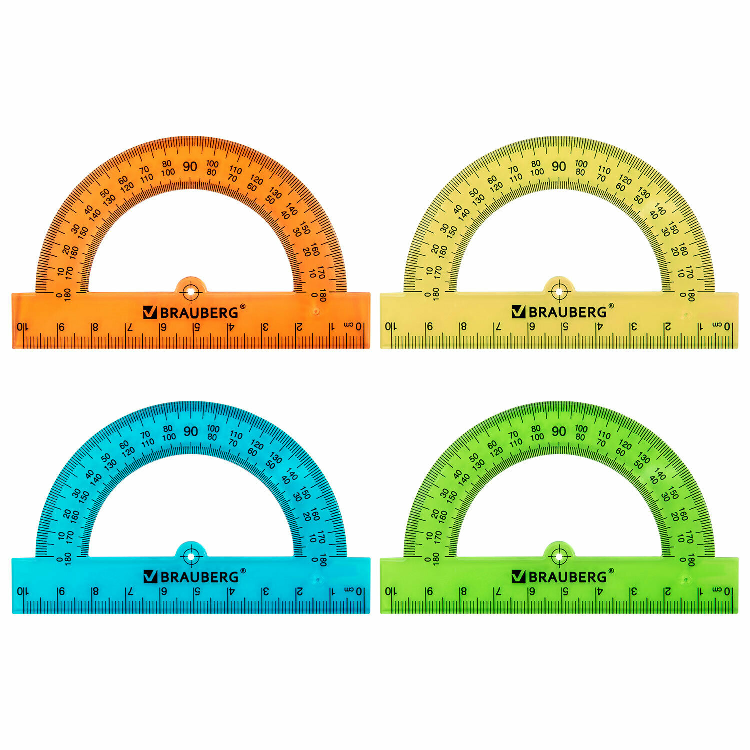 Транспортир пластиковый 10 см, 180 градусов, BRAUBERG, прозрачный, неоновый, ассорти, 210847 (цена только за 1 шт.)