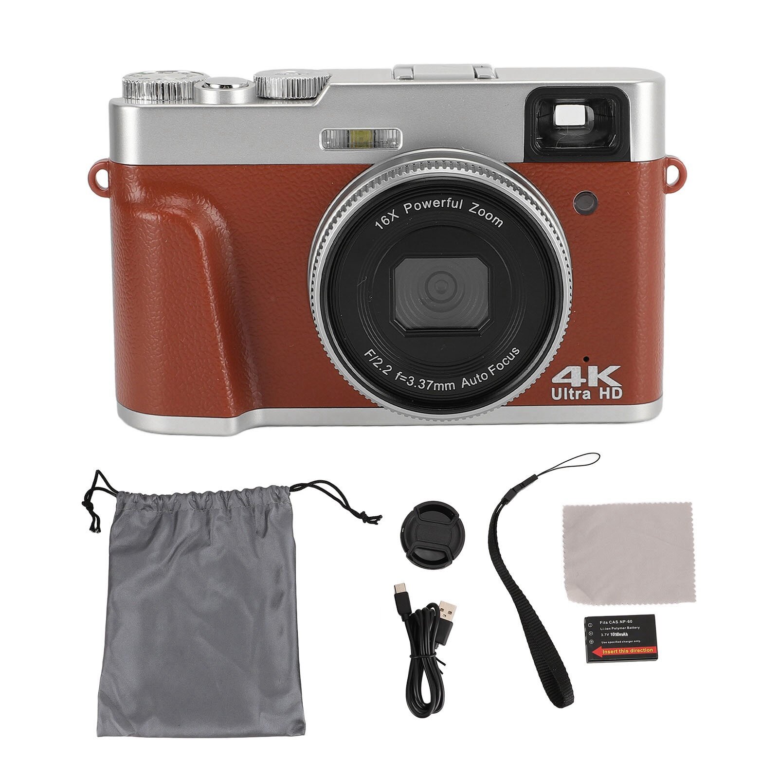 Цифровая фотокамера 4K 48 Мп, 2,8-дюймовый экран, стабилизация изображения, 16-кратный зум, компактная, для путешествий, коричневая.