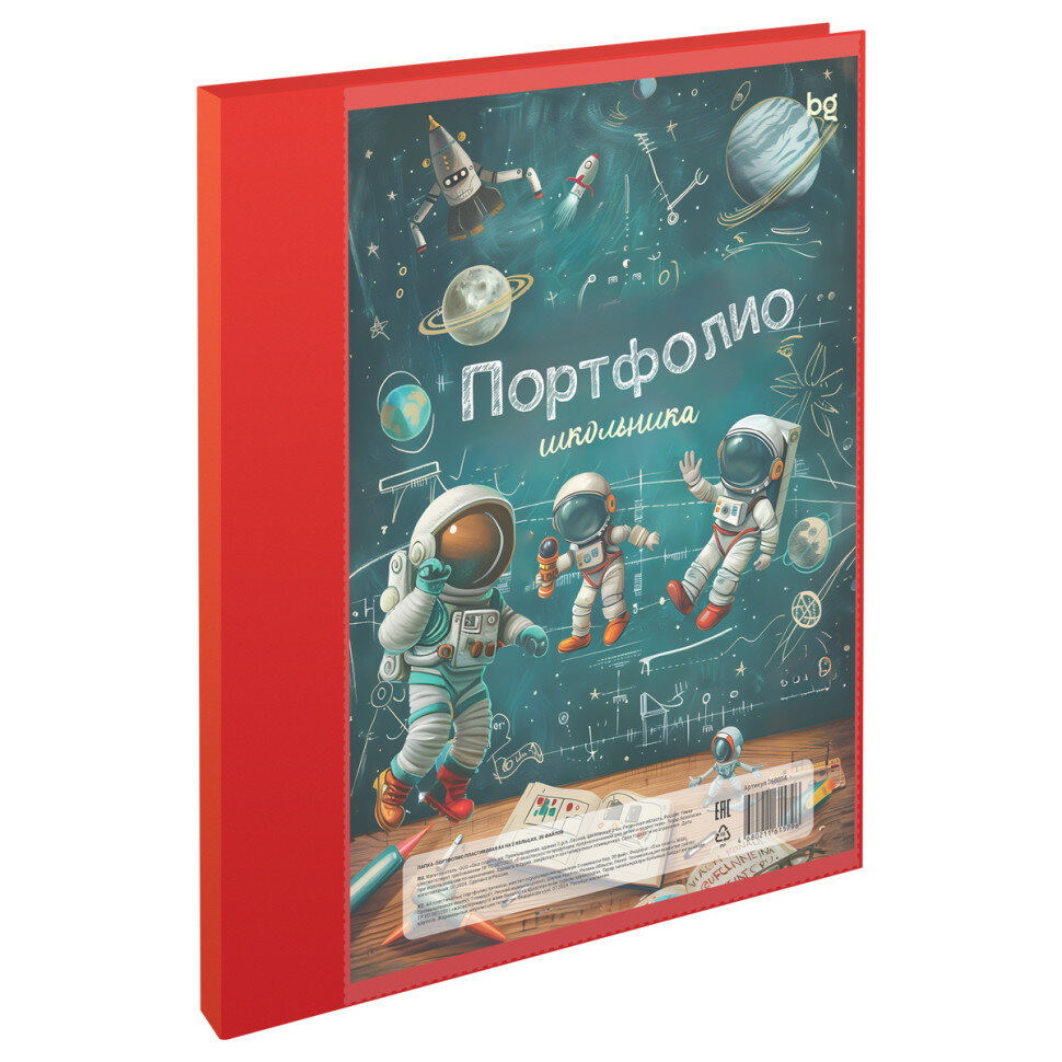 Папка-портфолио пластиковая А4 BG, на 2 кольцах для школьника, 20 файлов, 368054