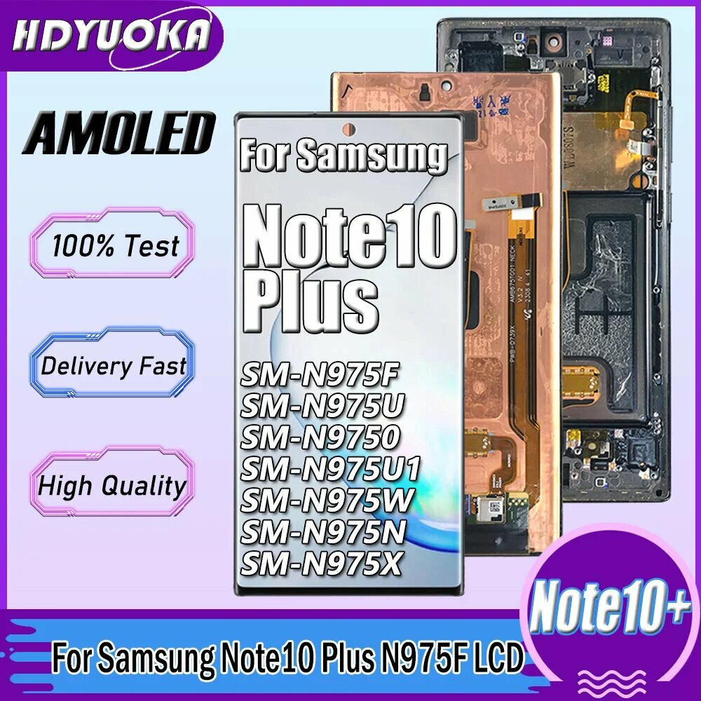 6,8-дюймовый Super AMOLED для Samsung Note 10 + Note 10 Plus N975F N975 ЖК-дисплей с рамкой, сменный преобразователь сенсорного экрана в сборе Note10P Silver Frame