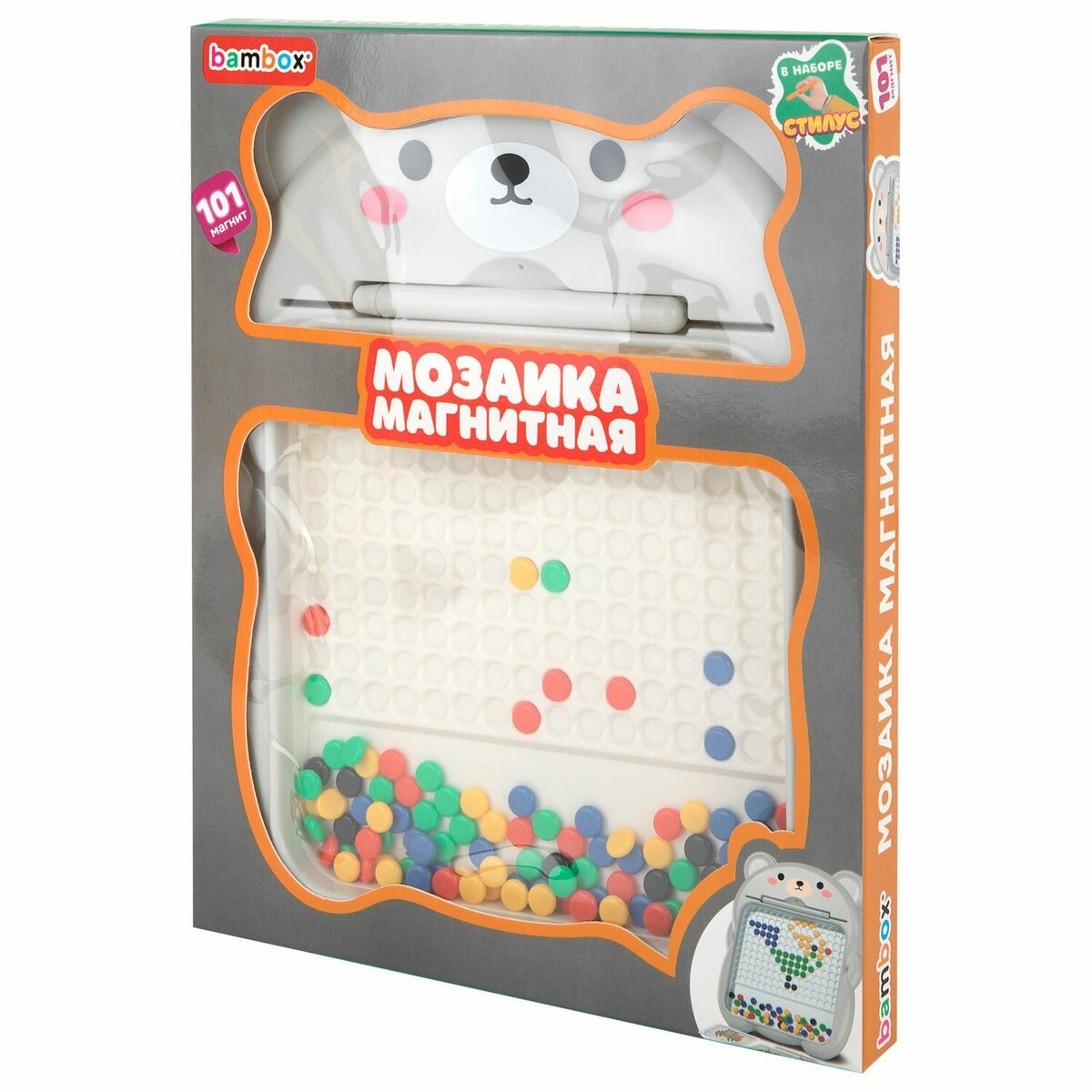 Мозаика магнитная развивающая для детей Bambox "Медвежонок", стилус, 101 магнит, 10 карточек (665891)