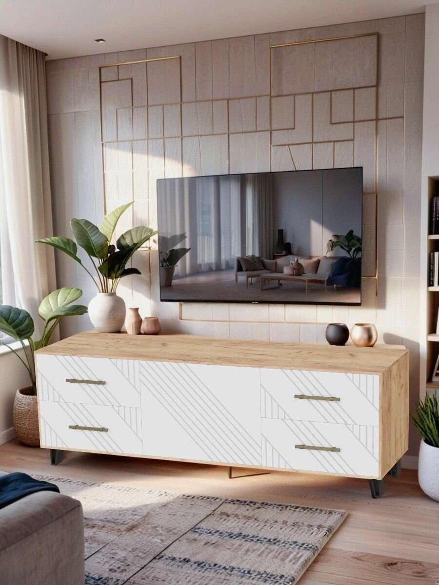 Тумба под ТВ Ирбис; 1502х540х430; дуб крафт золотой/белый софт