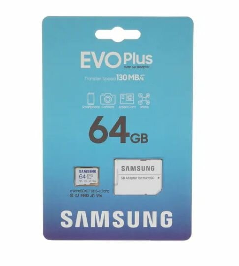 Карта памяти Samsung EVO Plus microSDXC 64 ГБ (MB-MC64KA/RU) - Class 10, UHS Class 1, запись - 20 Мбайт/сек, чтение - 130 Мбайт/сек