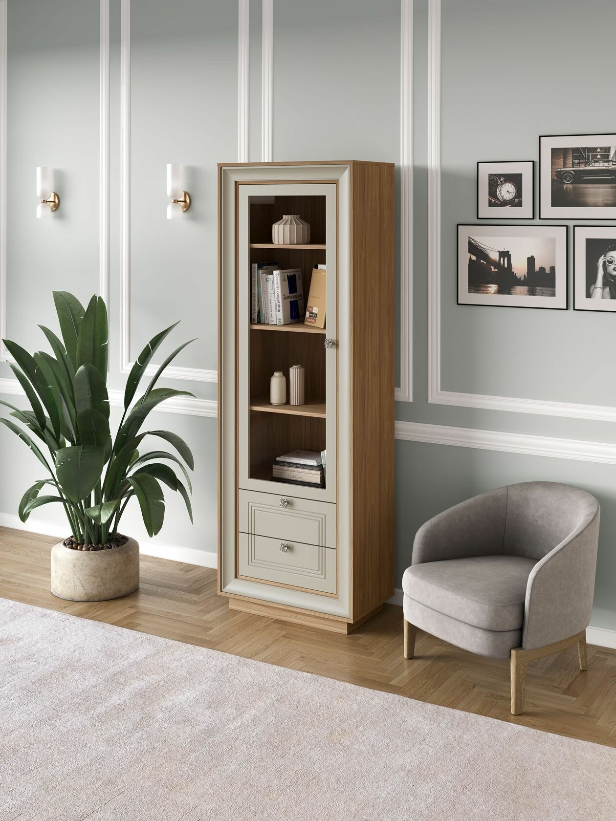 Шкаф-витрина Прато с полками, с ящиками, 70.2х42.4х202 см, Вяз швейцарский светлый / Газания матовая