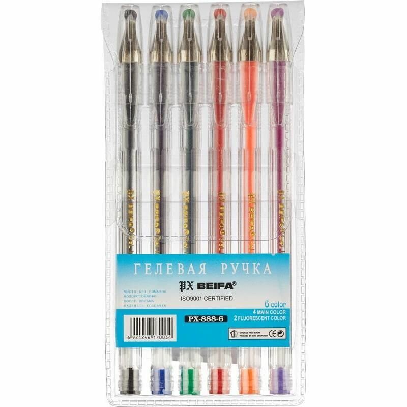 Набор ручек гелевых цветных 0,7мм 6шт. BEIFA