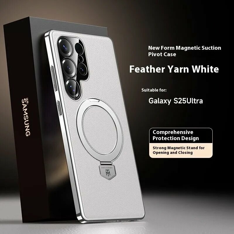 Высококачественный кожаный чехол для Samsung Galaxy S25 Ultra (Самсунг Галакси С25 Ультра), Автомобильное крепление, Складная подставка, Защита линз, Поддерживает беспроводную зарядку