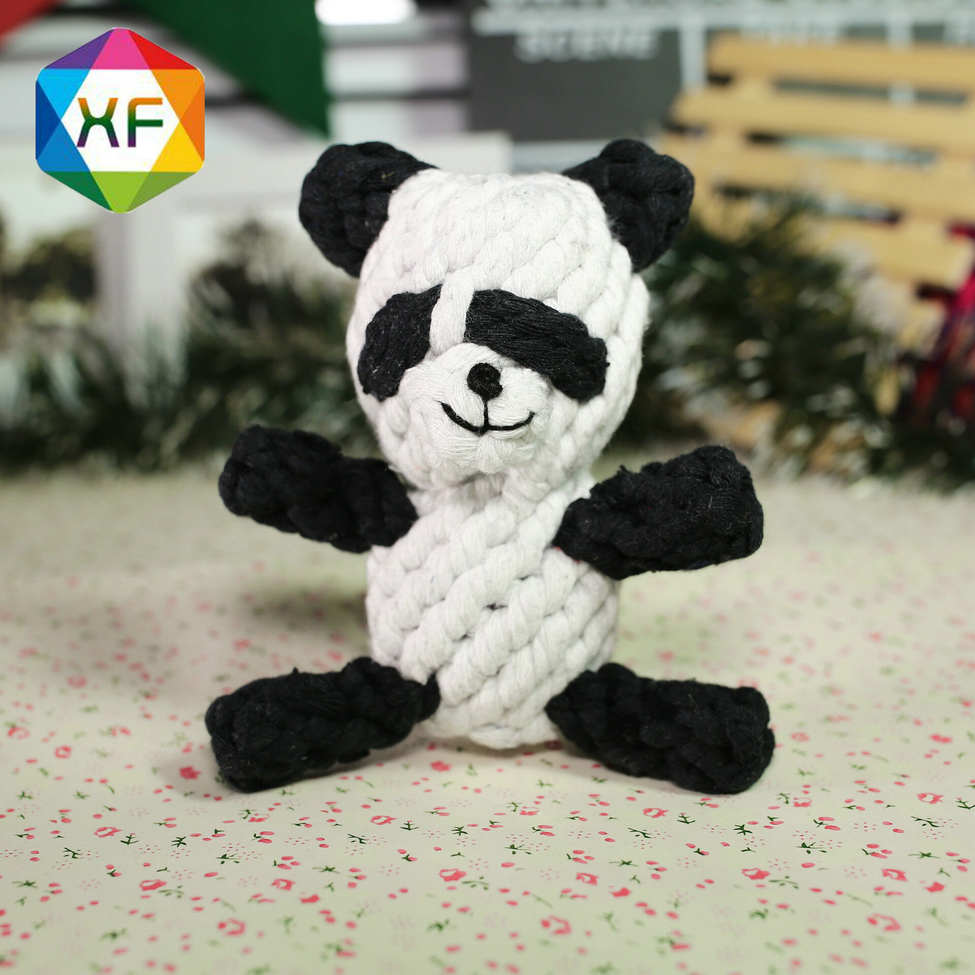 Симулированная вязаная панда игрушка для собак, хлопковая веревочная игрушка, черно-белая, 12x10см, прочная игрушка для