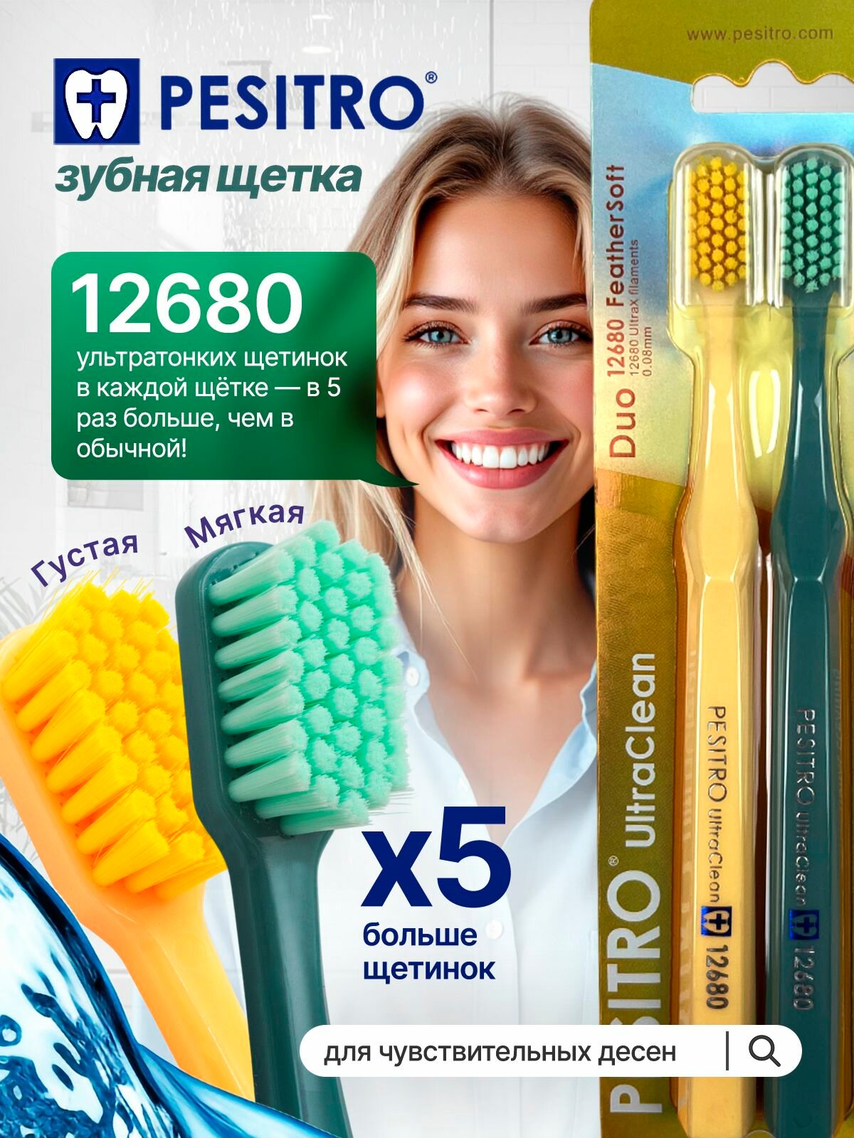 Зубная щетка мягкая,12680 Pesitro, набор 2 шт