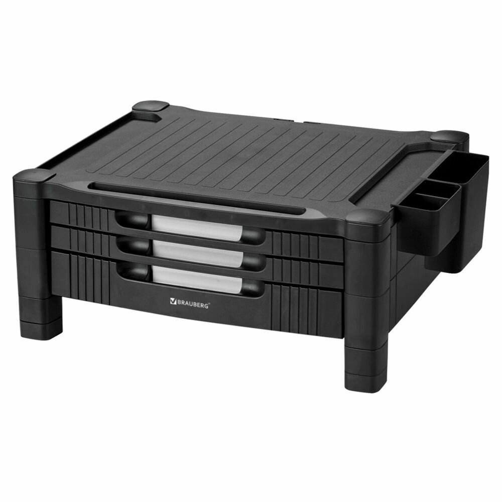 Подставка для монитора, ноутбука 434х336х193 мм, 3 ящика, черная, BRAUBERG