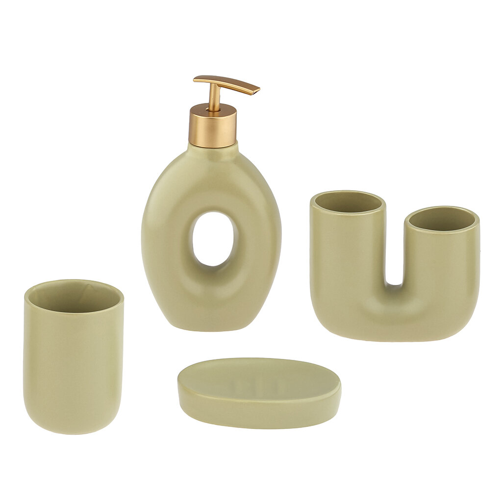Набор для ванной КНР "Мехико" 4 предмета: дозатор для мыла 340 мл; мыльница 8,5х8х2,5 см; стакан для зубных щеток двойной 290 мл; стакан 300 мл; фурнитура пластик "под золото", керамика, глянцевая глазурь (2505-C)