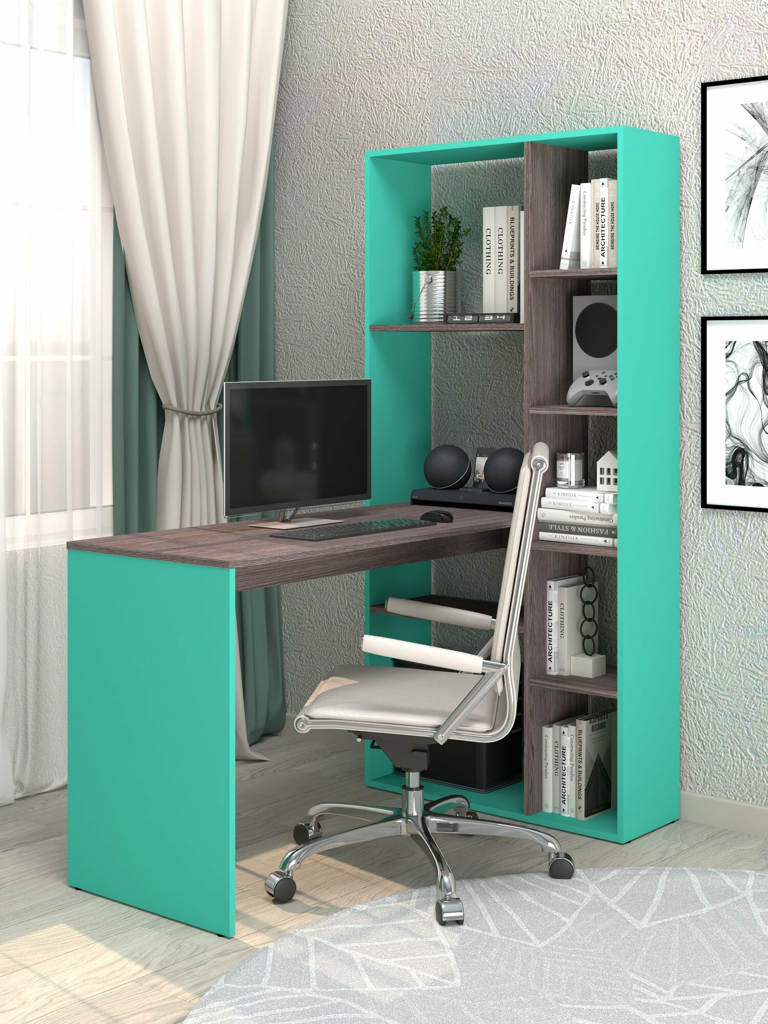 Есэндвич Лаворо 13 Компьютерный стол со стеллажом 130х170х80 см (Анкор тёмный/Аква)