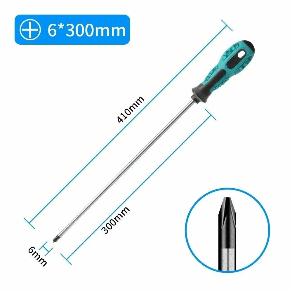 Крестовая и плоская отвёртки с длинной зелёной резиновой ручкой 3*600 мм