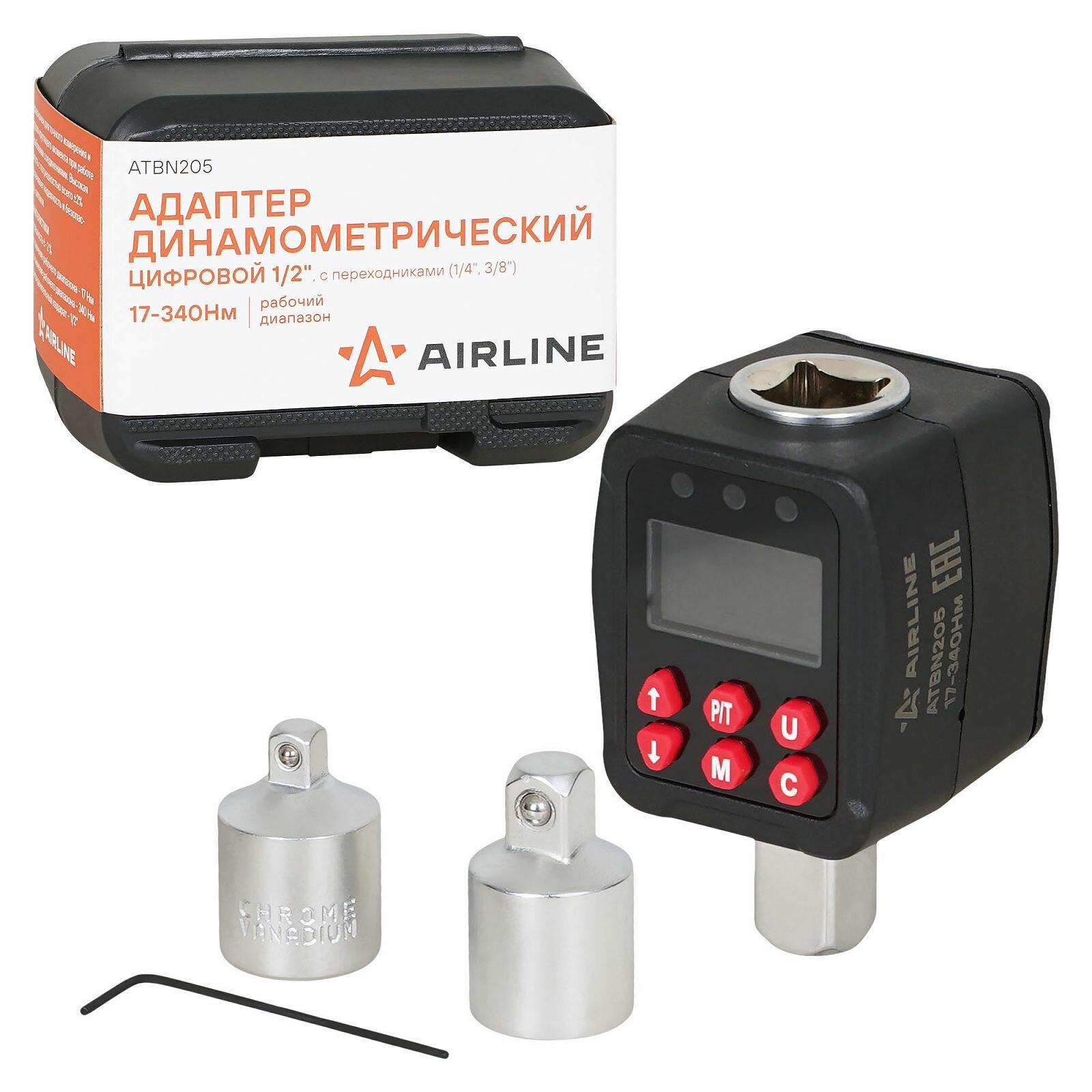 Адаптер динамометрический цифровой AIRLINE 1/2 17-340Нм, с переходниками,1/4, 3/8, кейс ATBN205