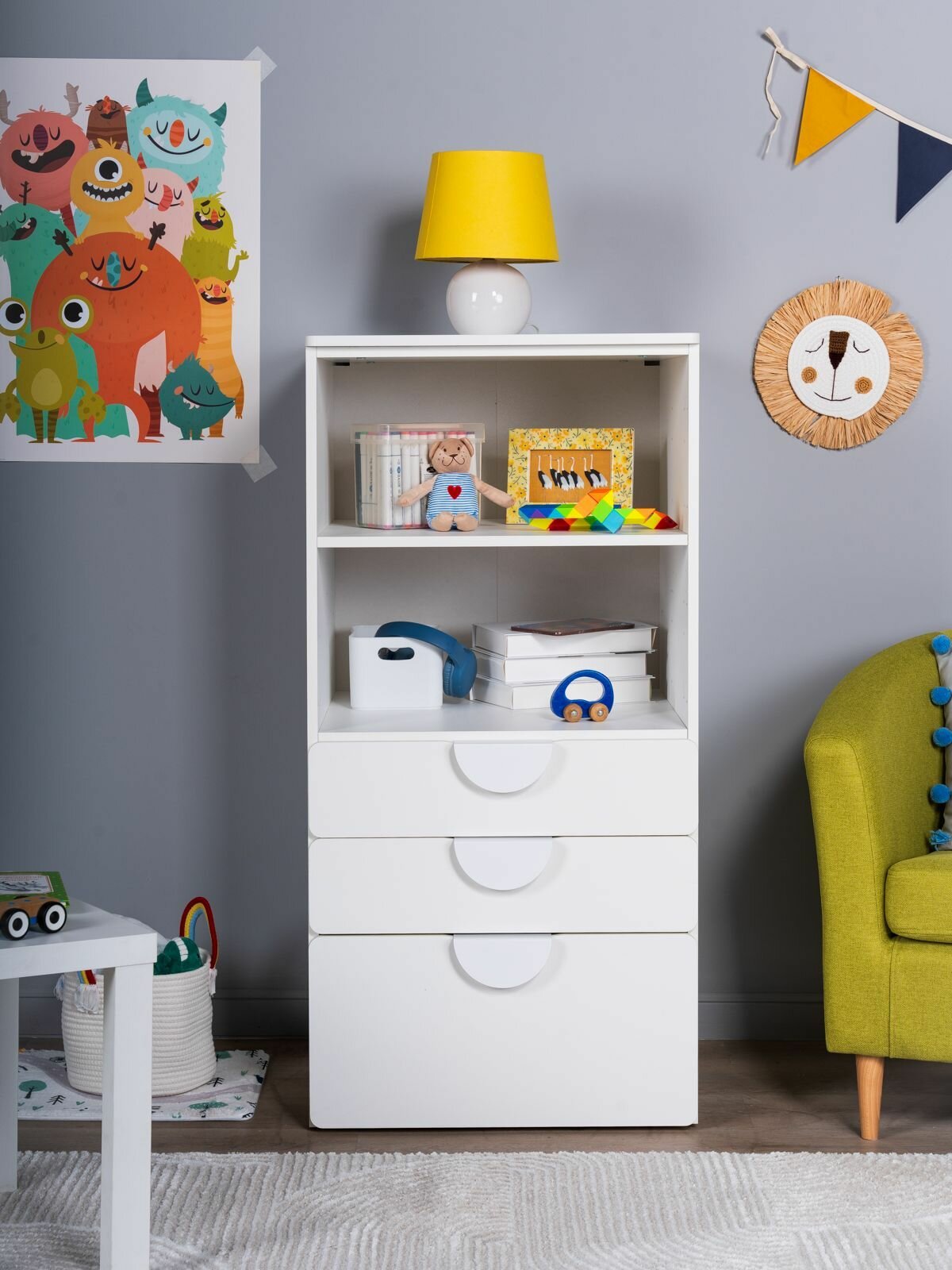 Стеллаж Пикси, с тремя выдвижными ящиками 60x57x120, белый (робкий подснежник), ГУД лакк