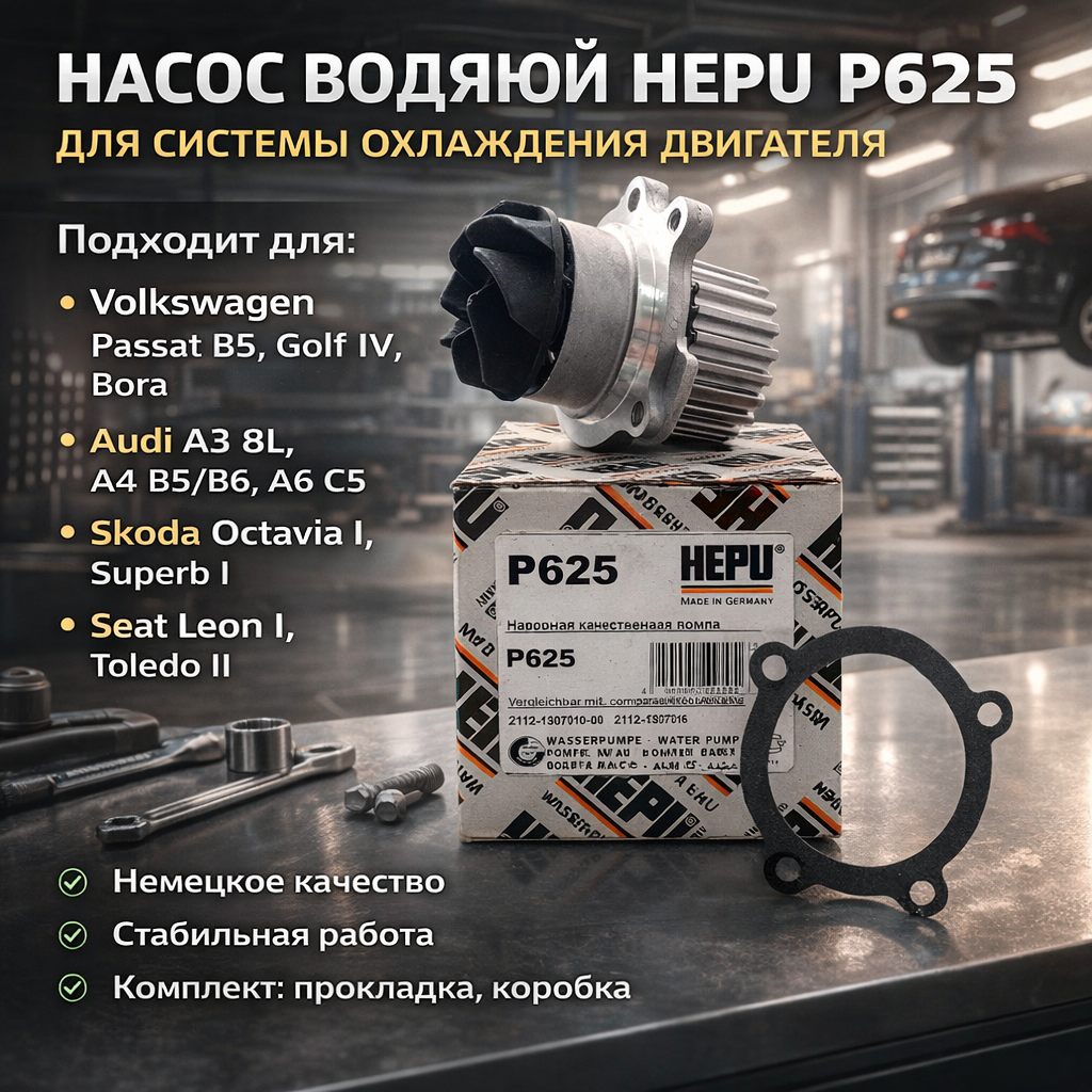 Насос водяной HEPU P625 для системы охлаждения, надёжная помпа, стабильная работа, VW, Audi, Skoda, Seat