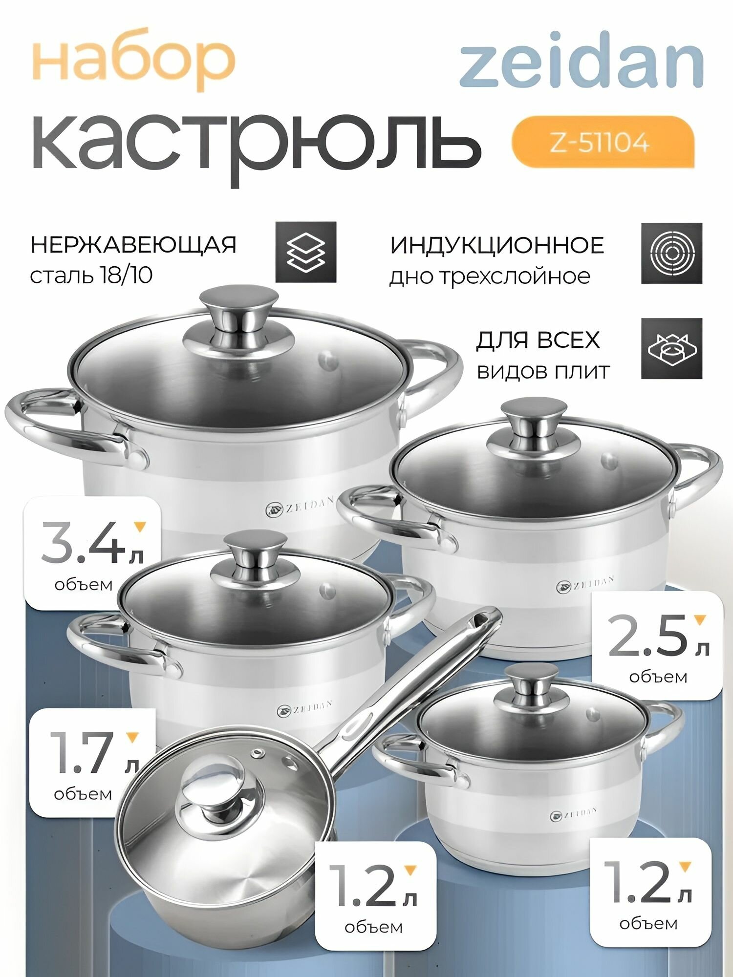 Набор Кастрюль с Ковшиком С Крышкой И Толстым Дном Для Кухни и Готовки. Маленьких, Больших Из Нержавеющей Стали Для Газовых, Электрических, Индукционных Плит. 5шт