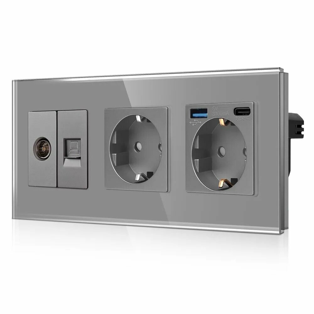 Розетка тройная внутренняя с usb и type C для тв и RJ 45 Ethernet, c заземлением , серый стеклянная.