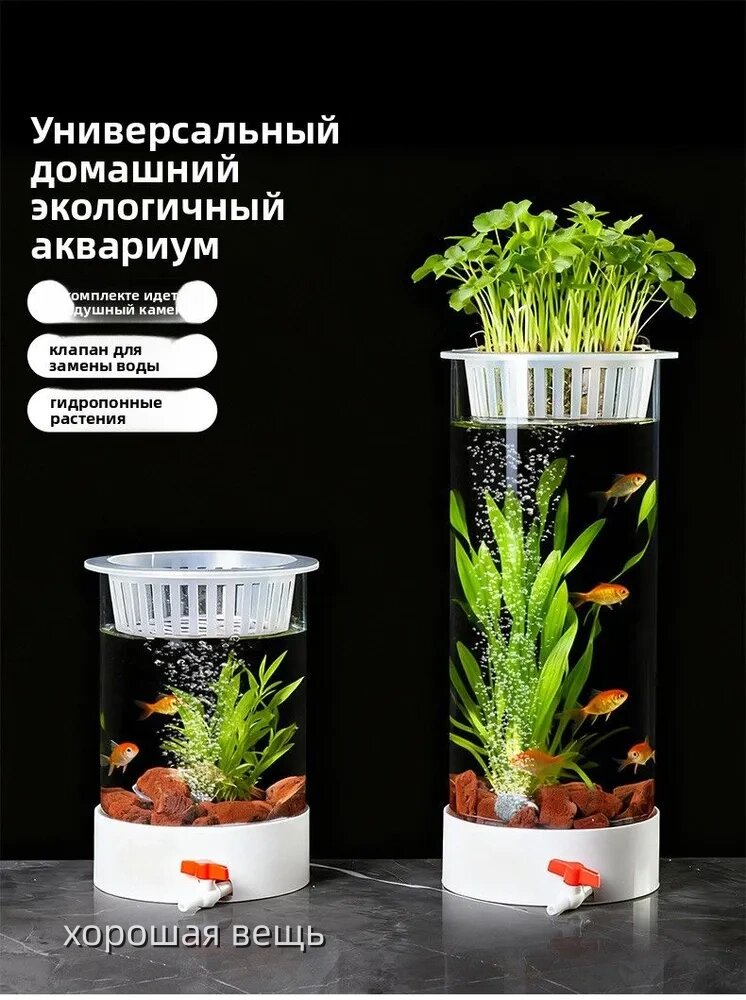 Стеклянный аквариум цилиндр для создания акваскейпа. Аквариум с растениями для петушков, гуппи и других мелких рыбок. Прочный стеклянный корпус, настольный.30СМ*20СМ
