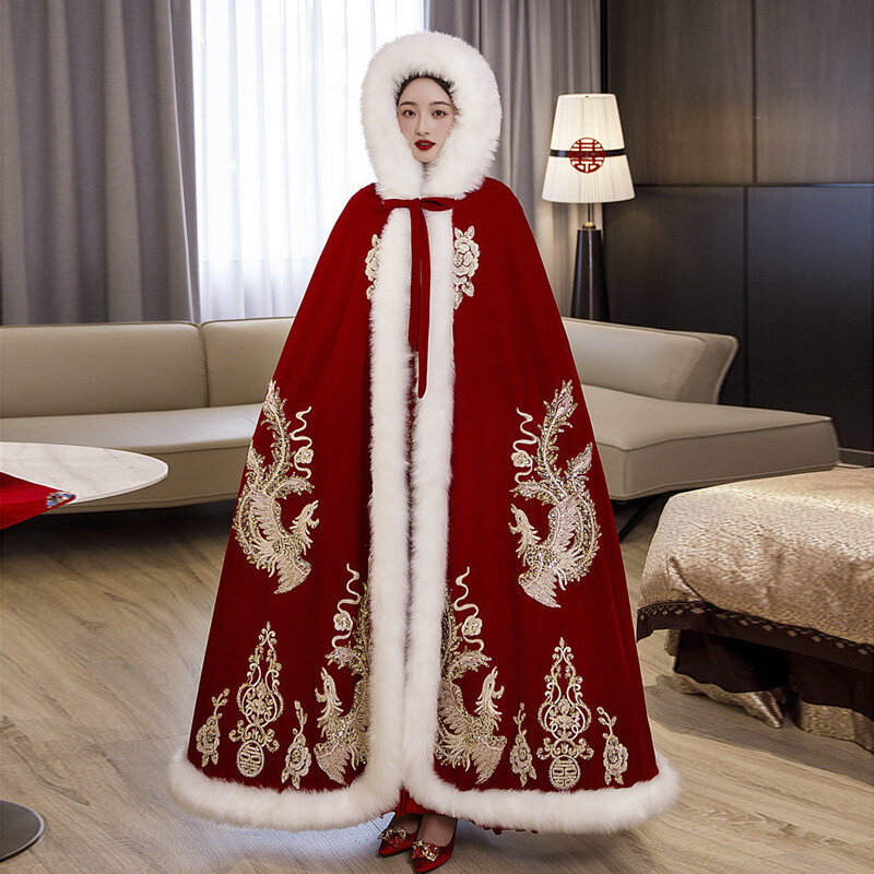 Свадебный плащ Xiuhe в древнем стиле, утолщенный теплый китайский свадебный плащ Fengguan Xiapèi, длинный шаль для зимы