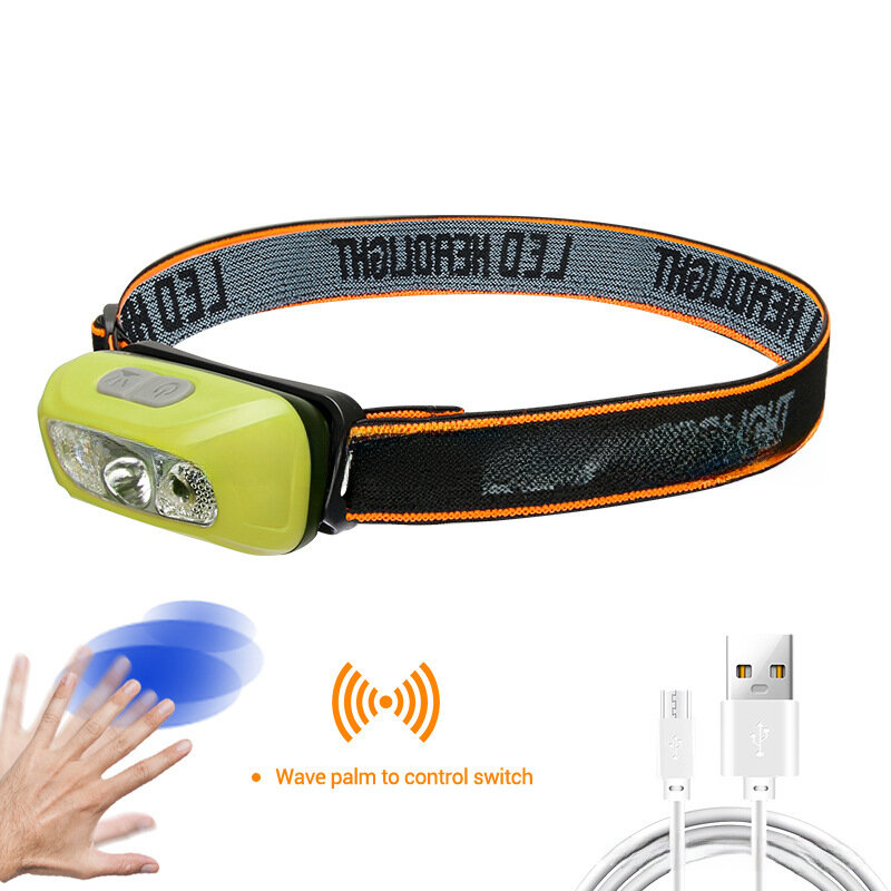 Cross-Border Led Sensor Headlight USB Charging Strong Light Wave Waterproof Fishing Light Flashlight Built-In Lithium Battery (Green belt induction)