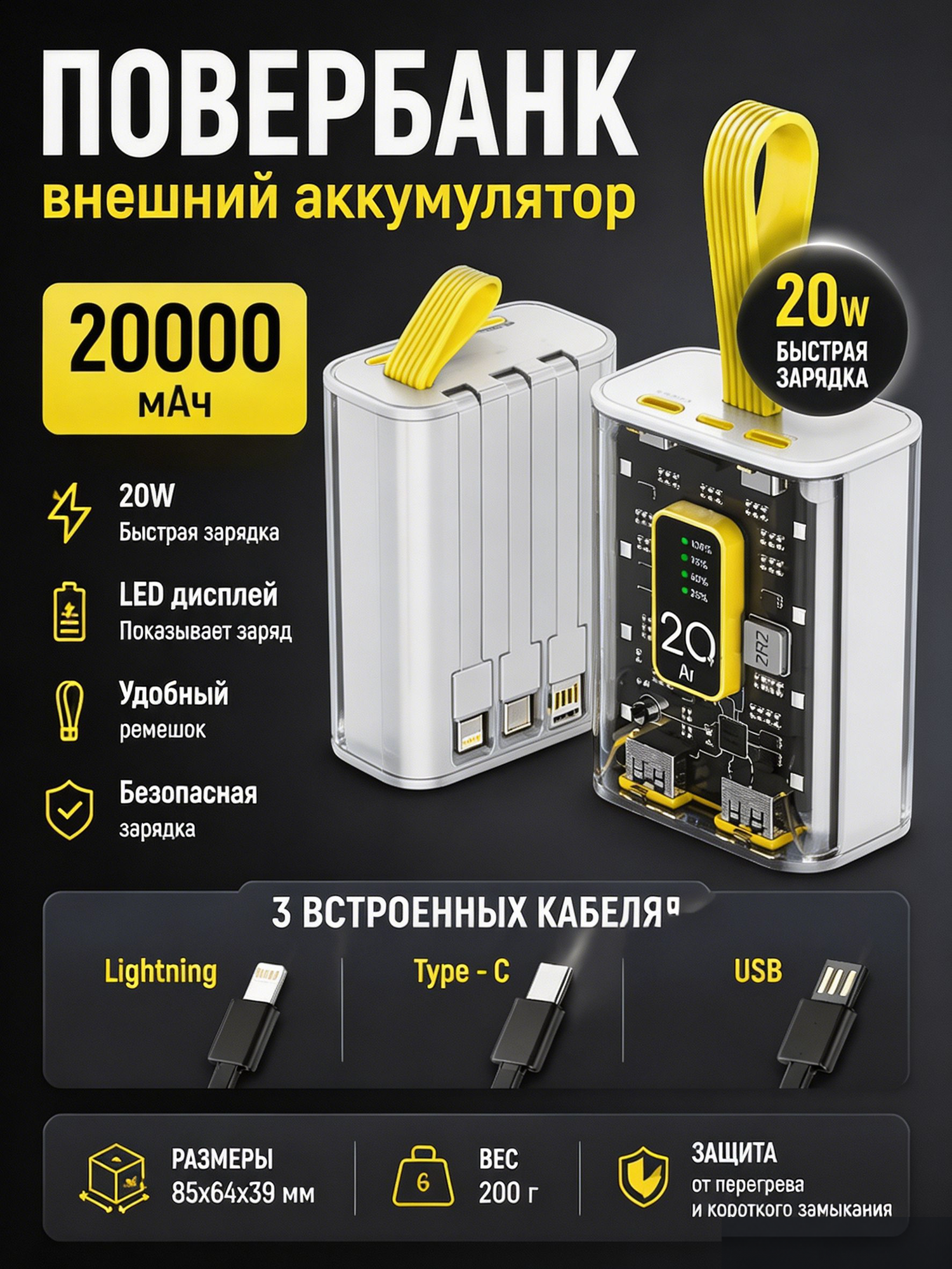 Повербанк 20000 мАч внешний аккумулятор для Iphone и Android