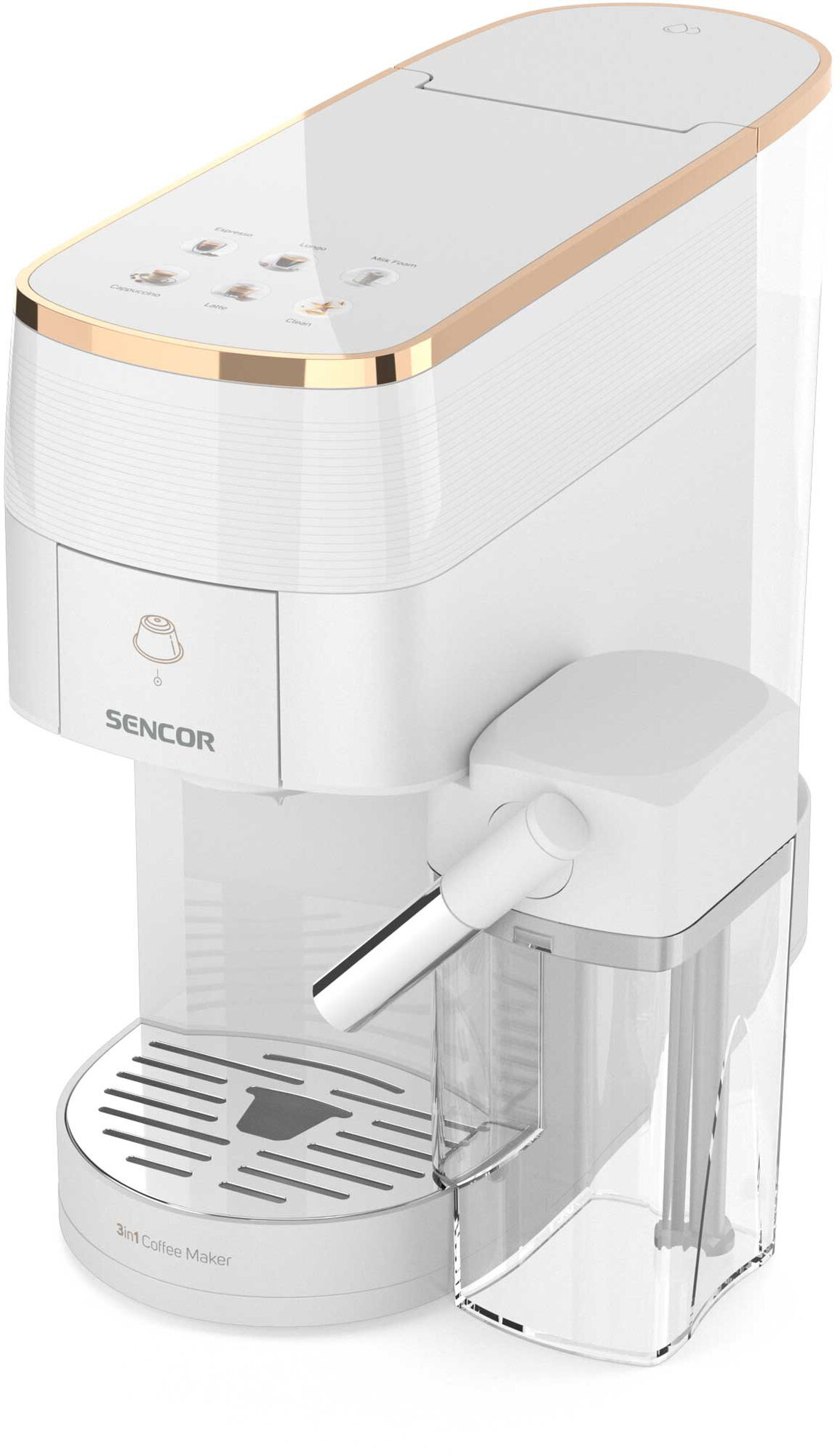 Капсульная кофеварка Sencor SCC 3001WH, 1450 Вт, капучинатор автоматический, кофе молотый/чалды/капсулы