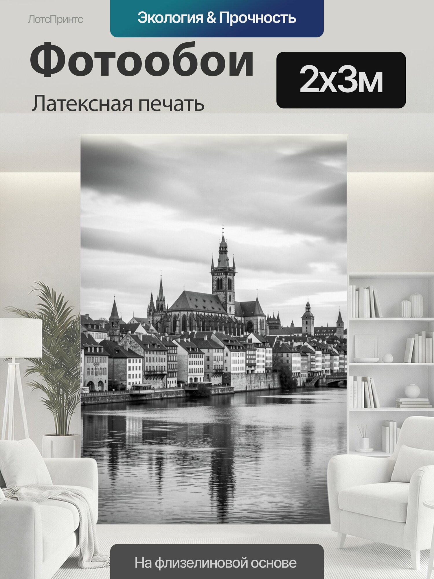 Фотообои моющиеся ударопрочные "Старинный европейский город у реки. Черно-белая панорама старого европейского квартала с готическим собором." 200x300 см. латексная печать
