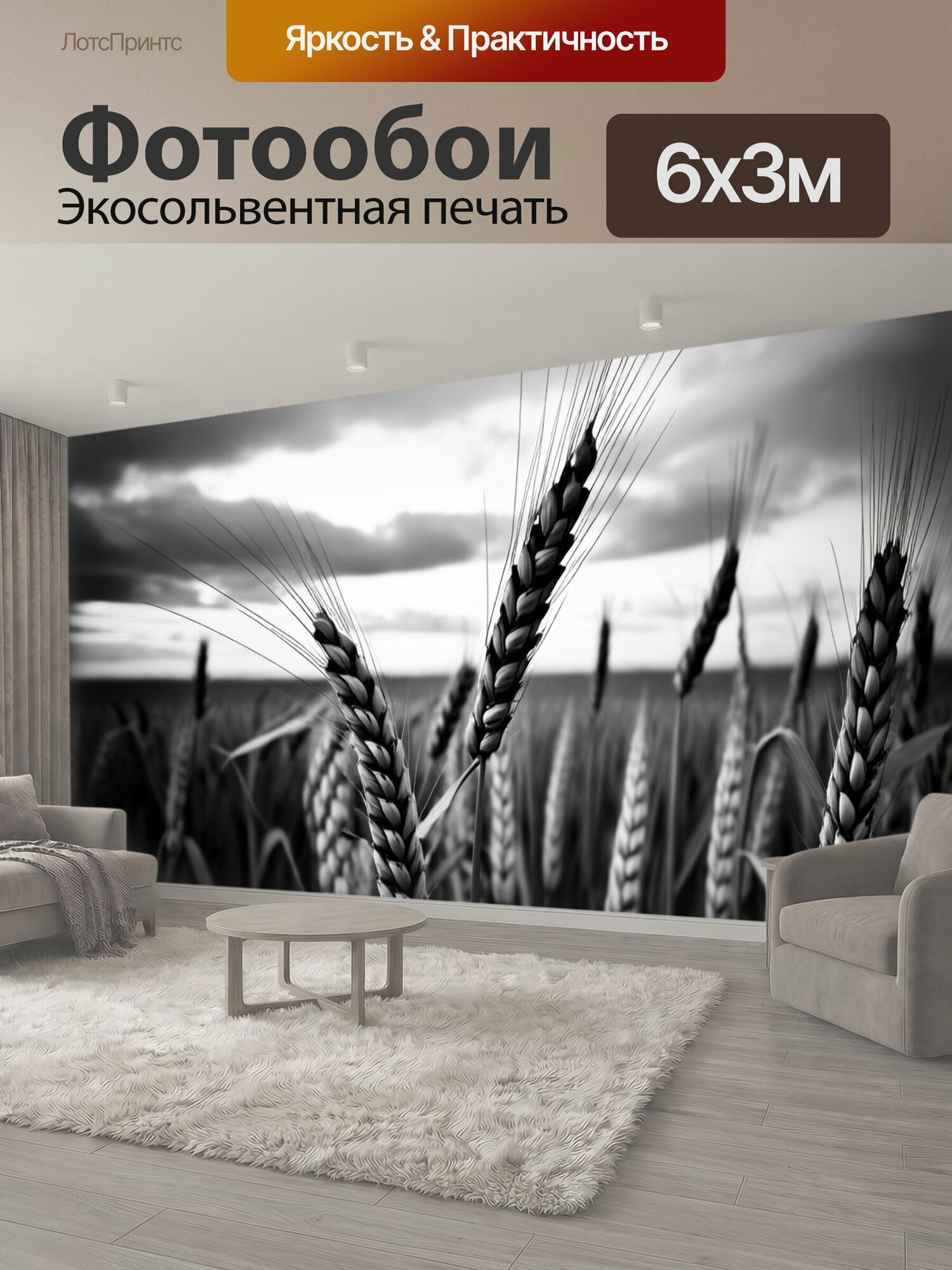 Фотообои "Чёрно-белое изображение пшеничного поля под мрачным облачным небом. В фокусе стильные ушки пшеницы, контрастирующие с тёмным фоном." 600x300 см. экосольвентная печать