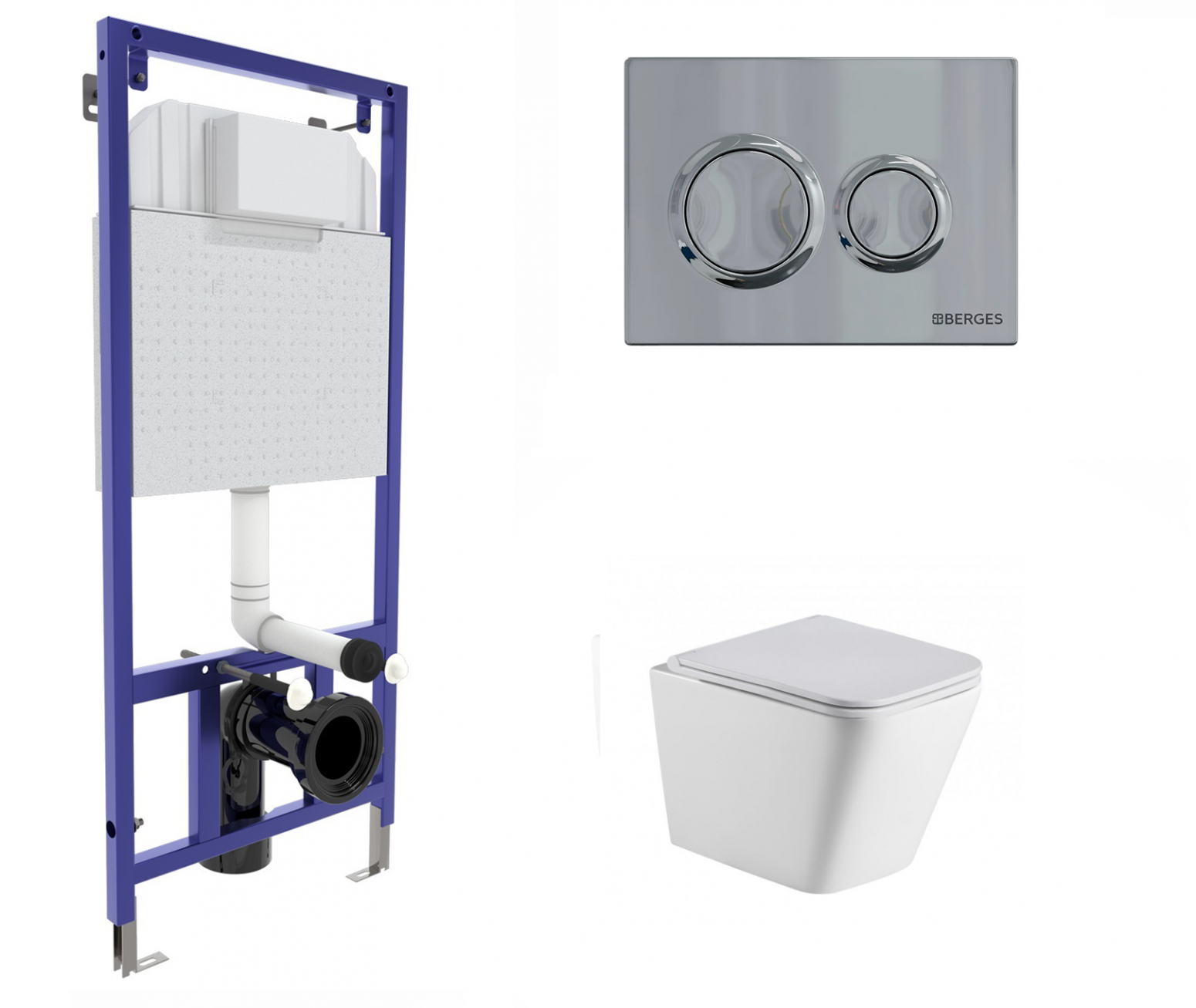 Комплект 3 в 1 инсталляция Berges Novum O3 + Подвесной унитаз WeltWasser Gelbach 043 GL-WT с кнопкой глянцевой хром