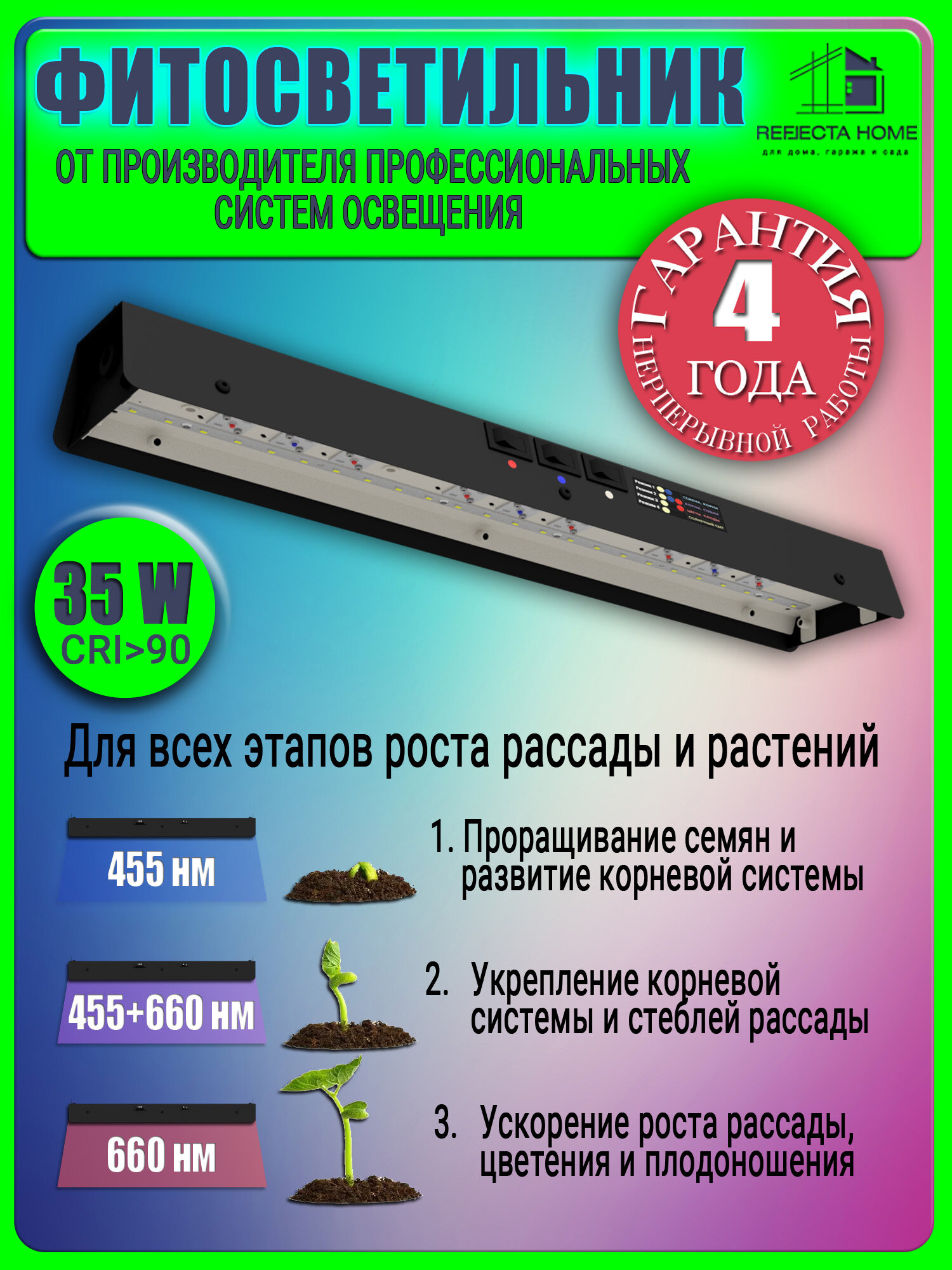 Фитолампа полного спектра ROMA FITO CRI 90, мощность 35Вт, длина 50 см, чёрная