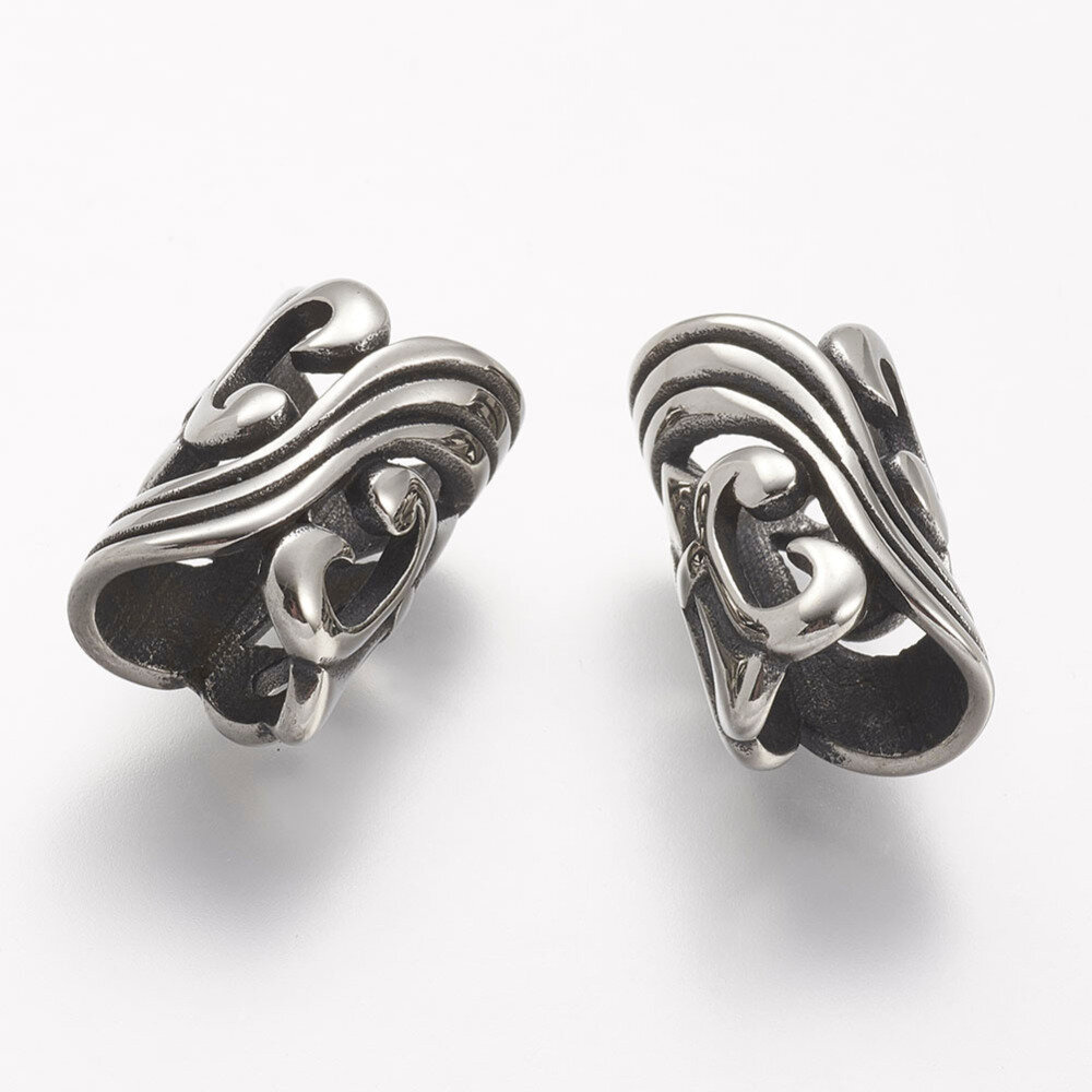 Бусина металлическая, 20х12мм, трубочка резная с королевскими лилиями, базовый материал - нержавеющая сталь, без покрытия с чернением, 1 шт.