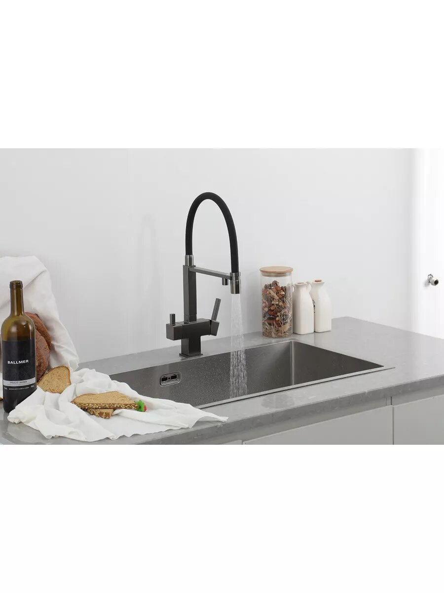 Смеситель для кухни Gappo G4395-59, подключение фильтра, гибкий излив, латунь/силикон, ружейная сталь