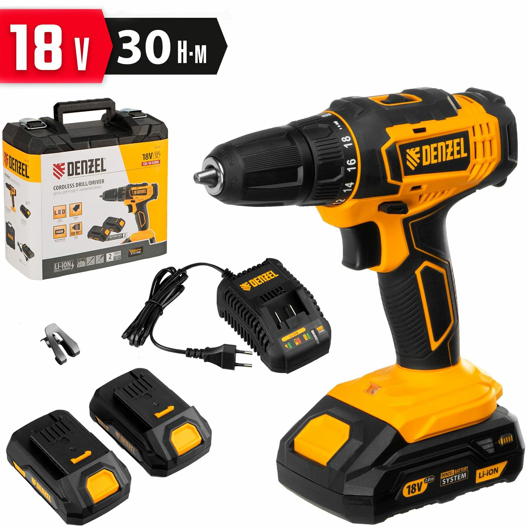 Дрель-шуруповерт аккумуляторная, Li-Ion, 18 В, 2 аккумулятора