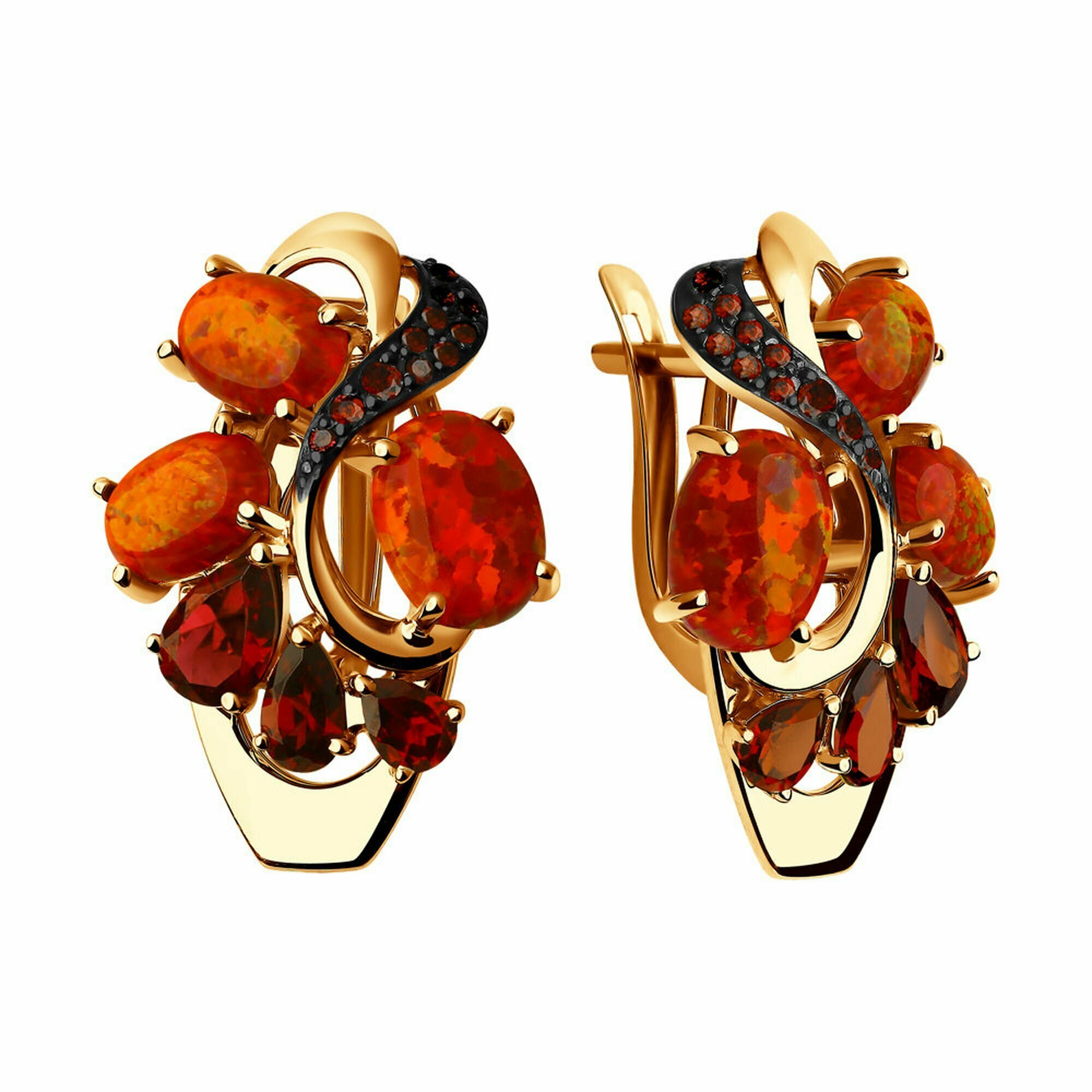 Серьги, красное золото, 585 проба, опал, фианит, гранат