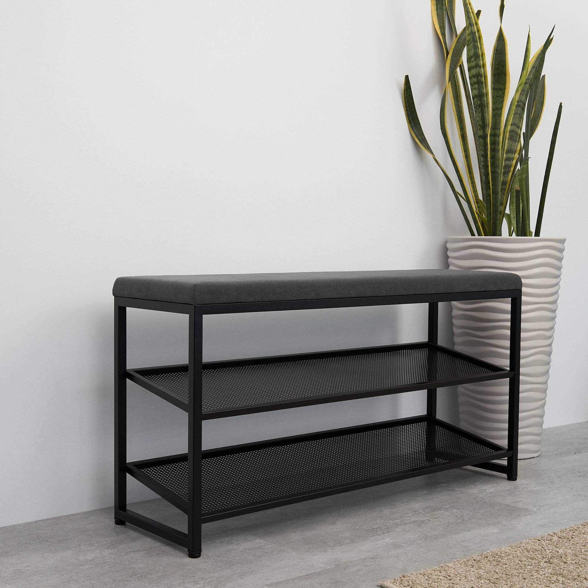 Обувница с мягким сиденьем "Дия" / 100х30х52см / черный каркас - графит велюр