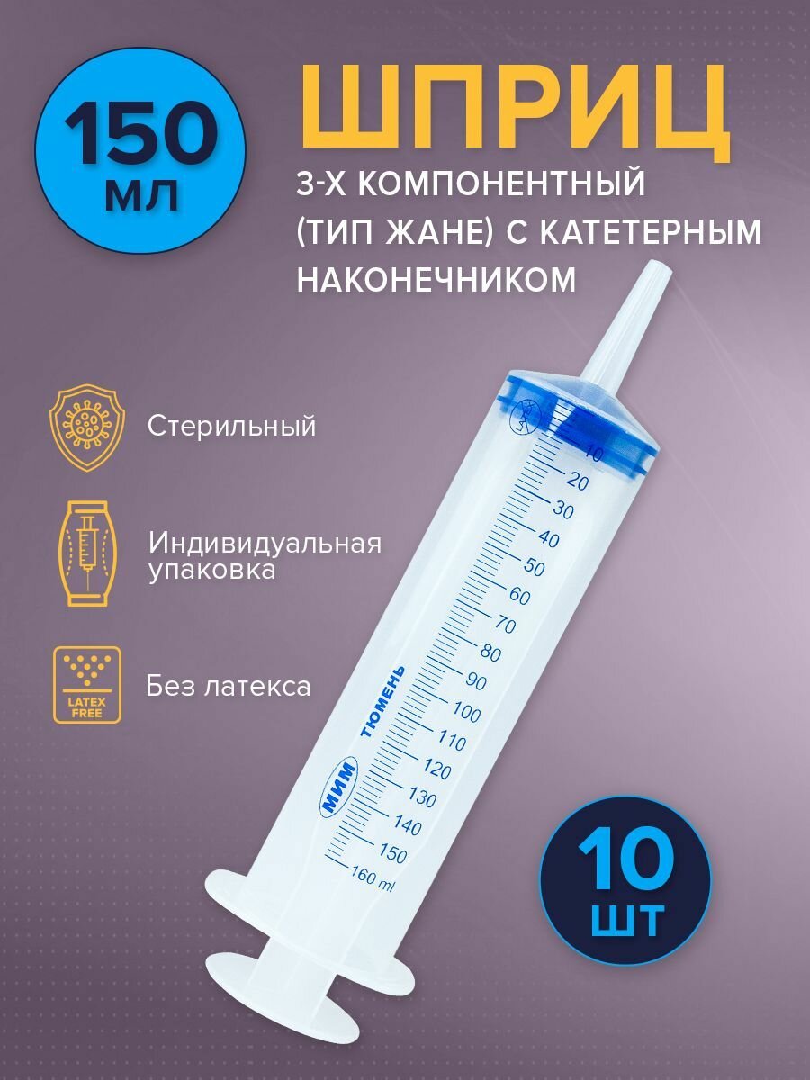 Большой шприц Жане объемом 150 мл с наконечником для катетера (уп.10 шт)