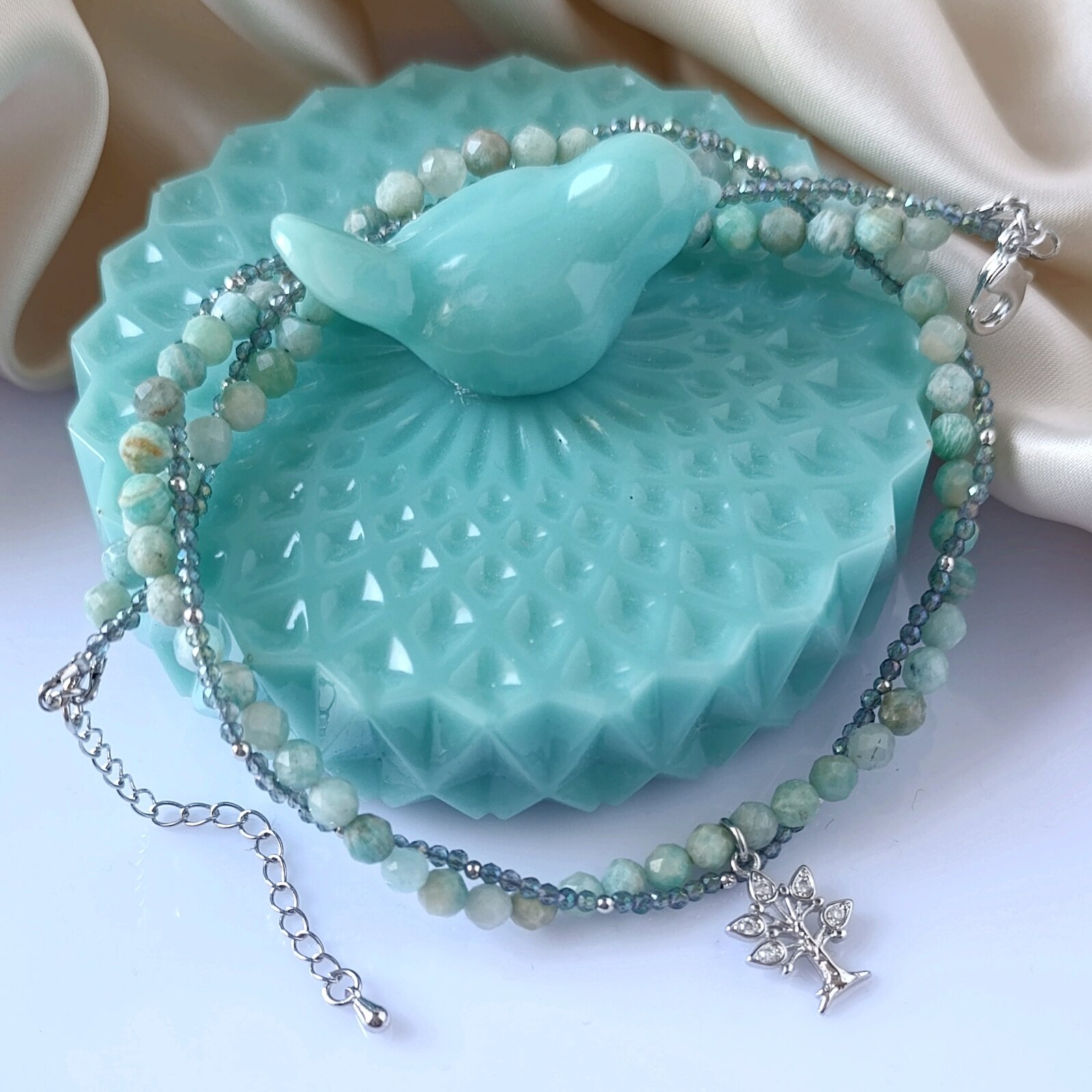 Колье, марказит, фианит, амазонит