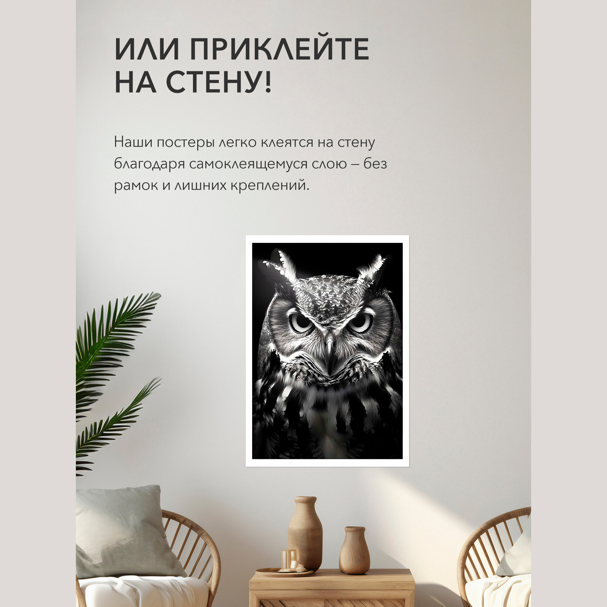 Постер интерьерный самоклеящийся A3 Сова, влагостойкий, для декора — фото 1