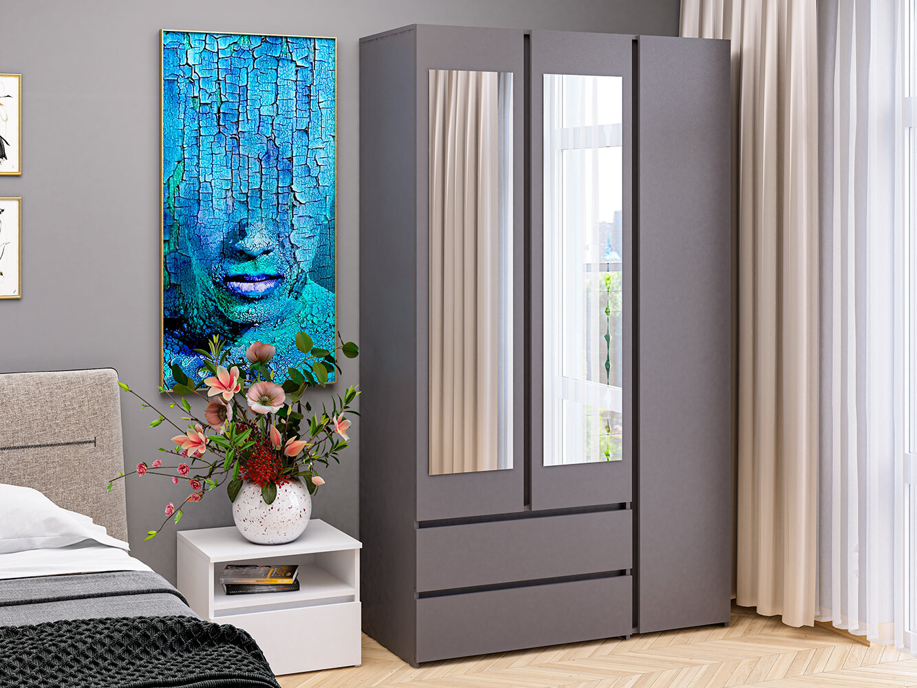 Шкаф "МК Пирамида" Шон-22 распашной, три двери, 2 ящика, зеркала, цвет графит, 207х120х52 см