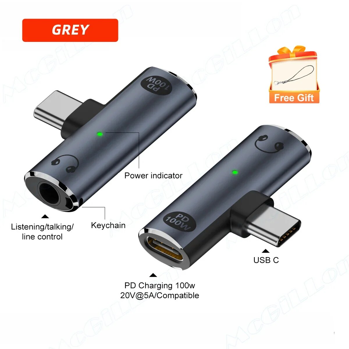 2 в 1, разъем для зарядки наушников типа C, аудиоадаптер AUX PD100W USB C на 3,5 мм Hi-Fi Grey