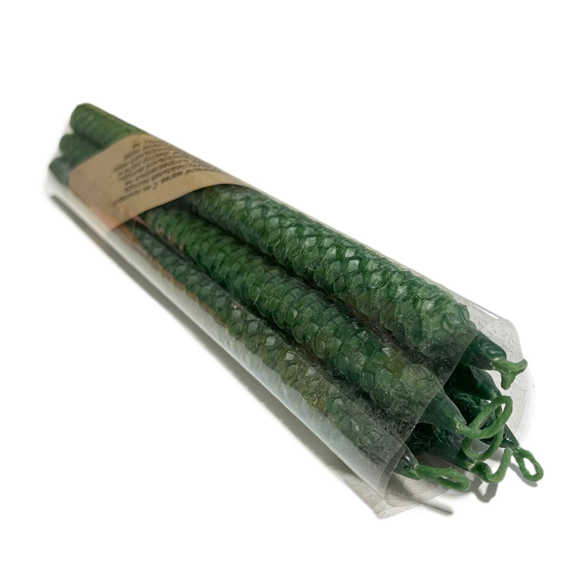 Свеча из цветной вощины зелёная, Медовые свечи Сибири (с описанием, средняя, 26*1,3 см.), набор 6 шт.