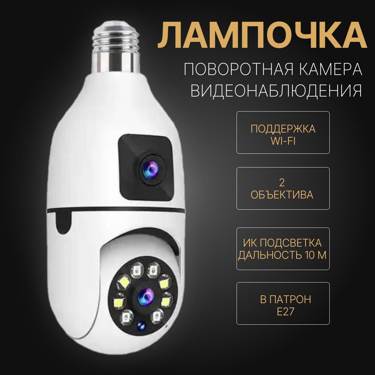 Камера видеонаблюдения лампочка 2 объектива Wi-Fi в патрон E27 с детектором движения и ночным видением