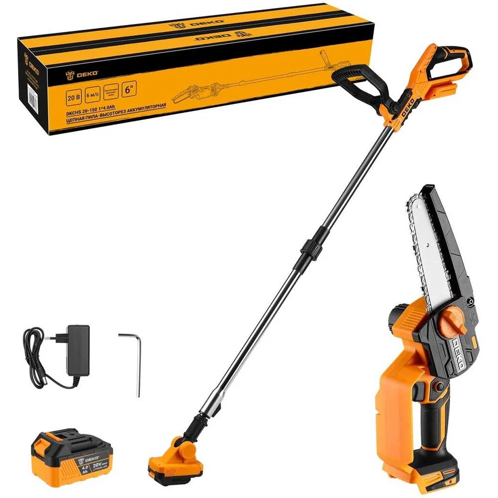 Цепная аккумуляторная пила-высоторез DEKO DKCHS, 20В, Ач 1x4.0, для обрезки сучьев и тонких веток